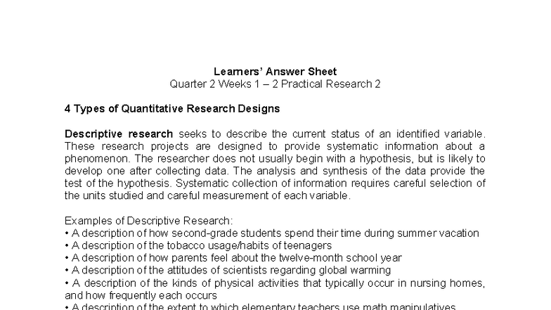 LAS PR2 Q2 Weeks 1-2: Types of Quantitative Research Designs - Studocu