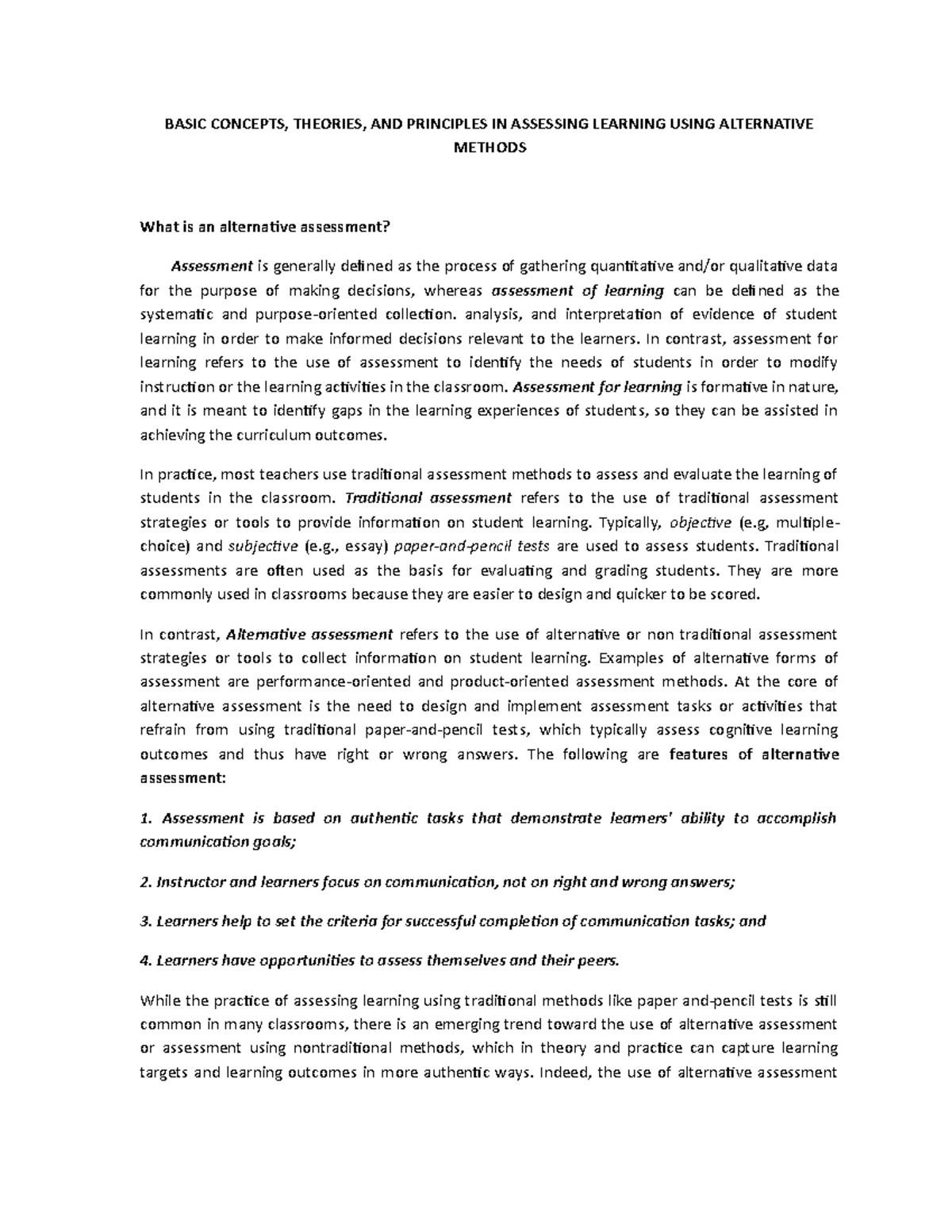 Basic Concepts, Theories, and Principles in Assessing Learning Using Alternative Methods - BASIC ...