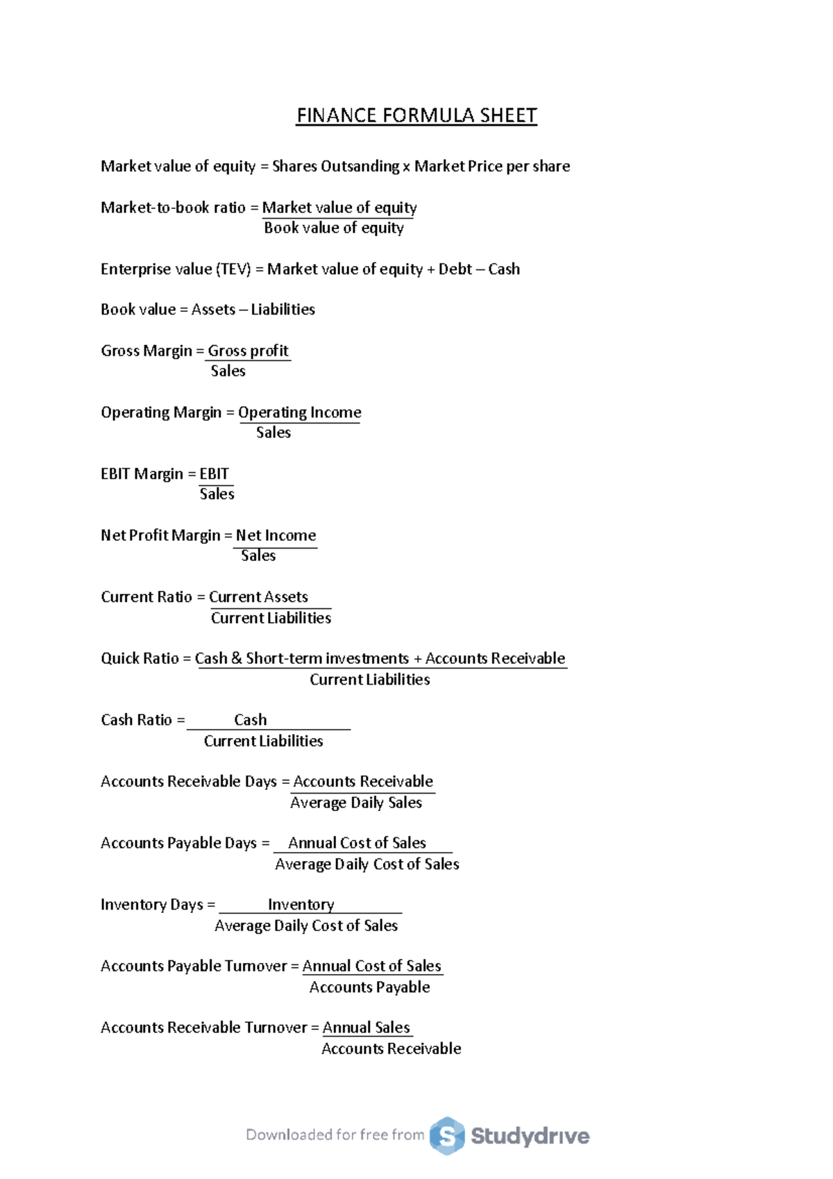 Finance Formula Sheet - FINANCE FORMULA SHEET Market value of equity ...