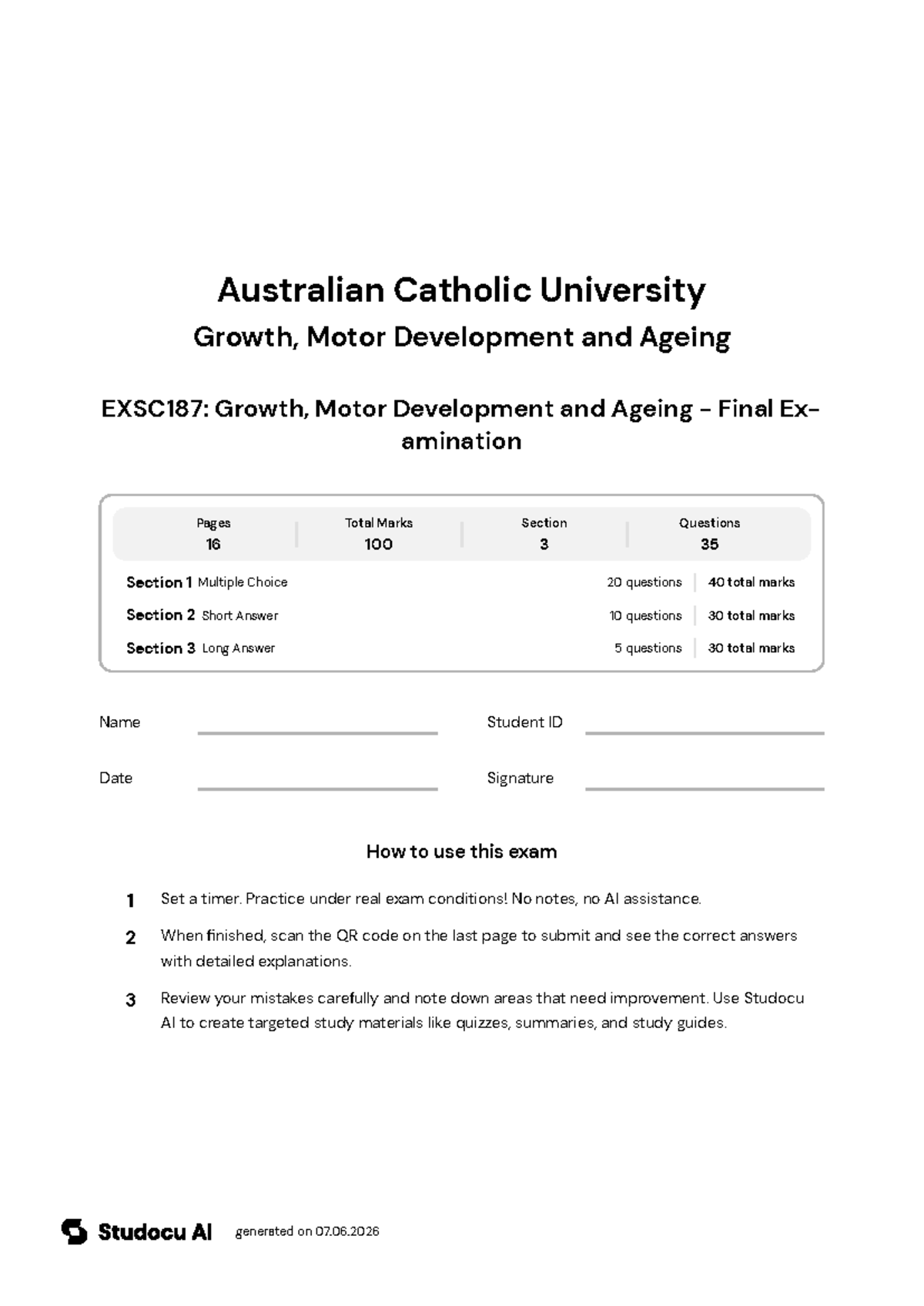 EXSC187: Growth, Motor Development and Ageing - Final Exam - Studocu