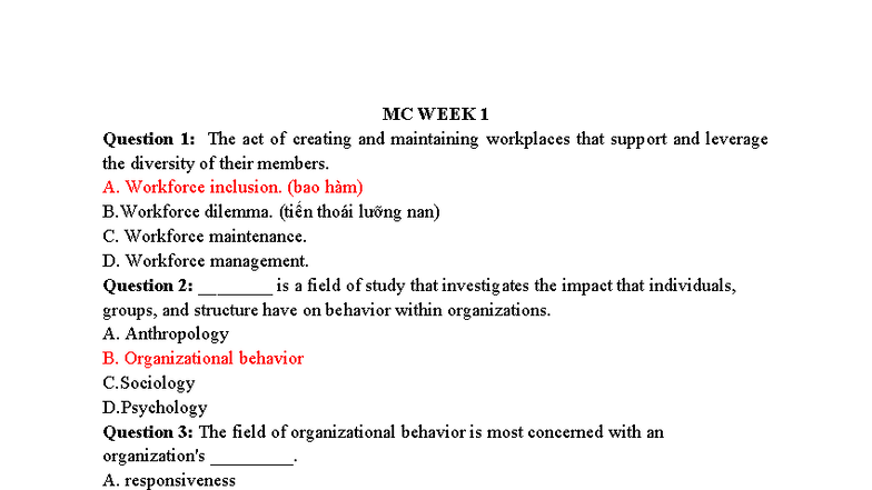 MCQ OB - Organizational Behavior Week 1 to Week 5 Review - Studocu