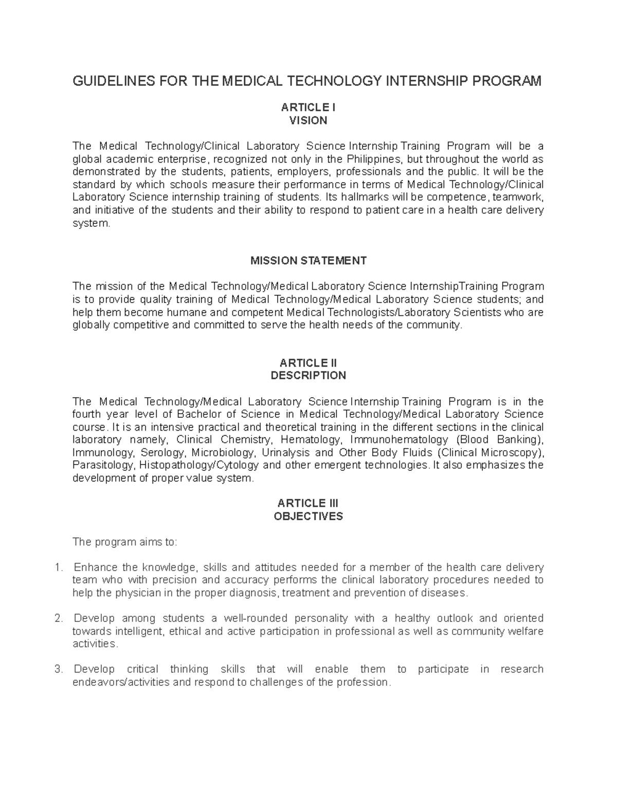 Guidelines for the Medical Technology Internship Program (MTIP) - Studocu