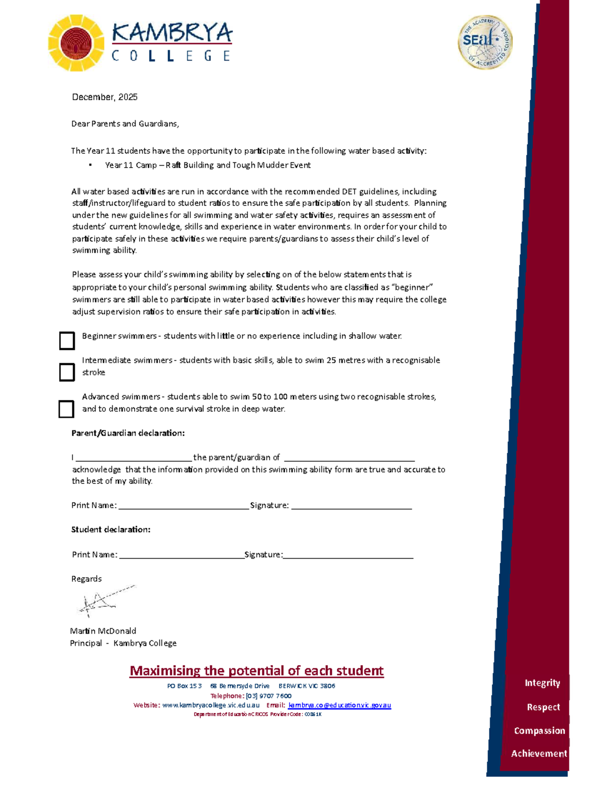 Year 11 Camp Swimming Abilities Assessment Letter - Studocu