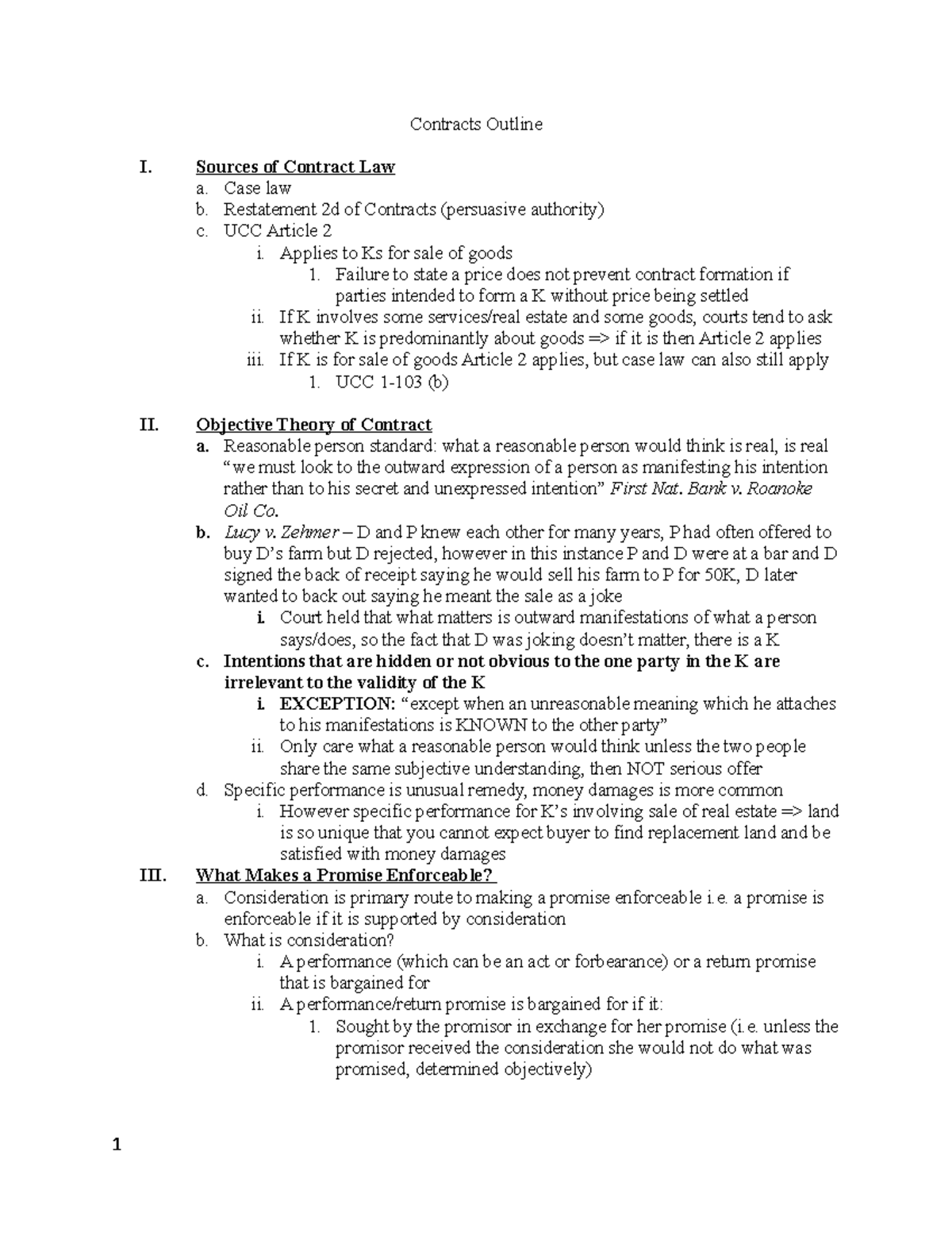 Contracts Outline - ks ol - Contracts Outline I. Sources of Contract ...