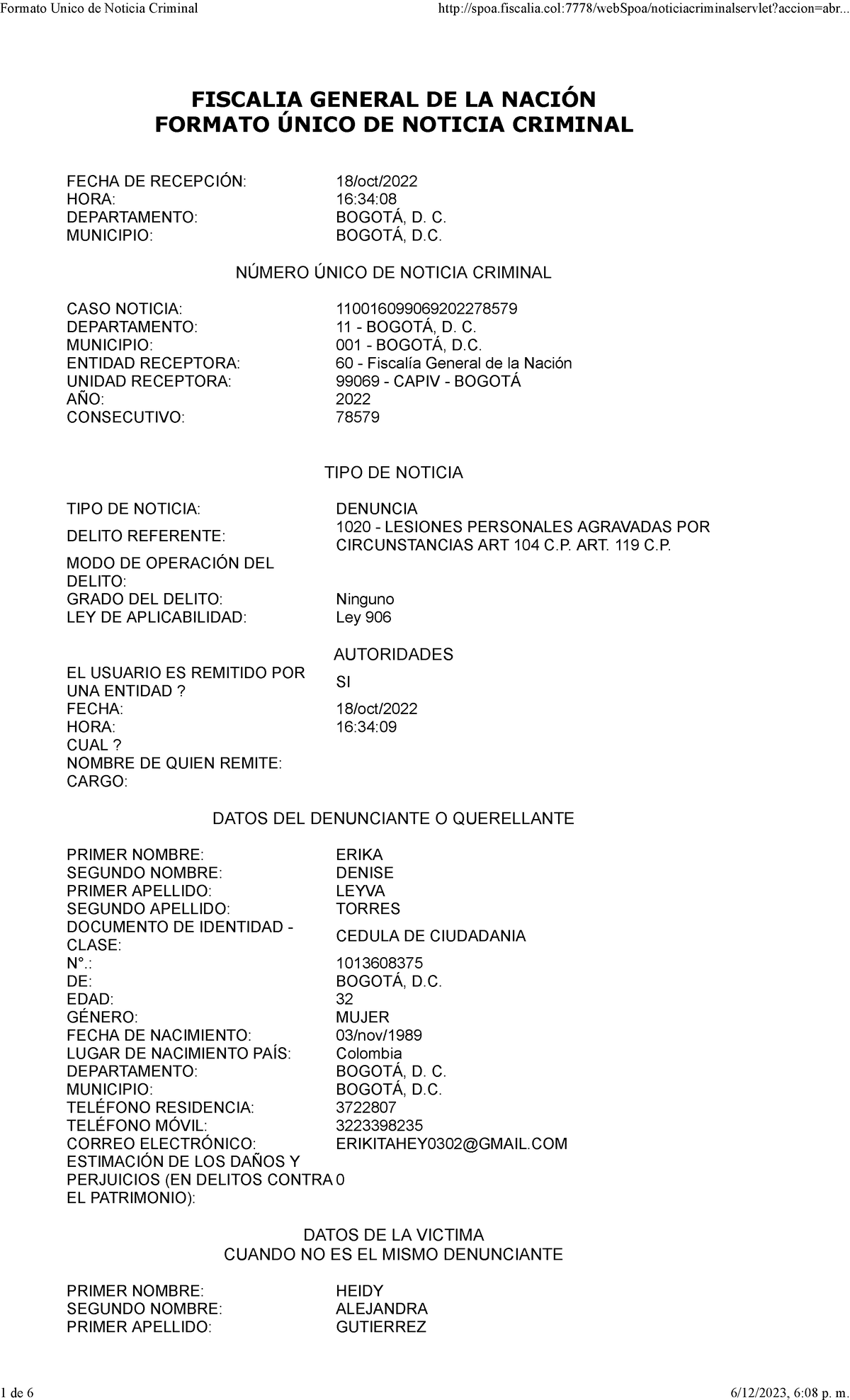 Formato Único de Noticia Criminal - Caso 110016099069202278579 - Studocu
