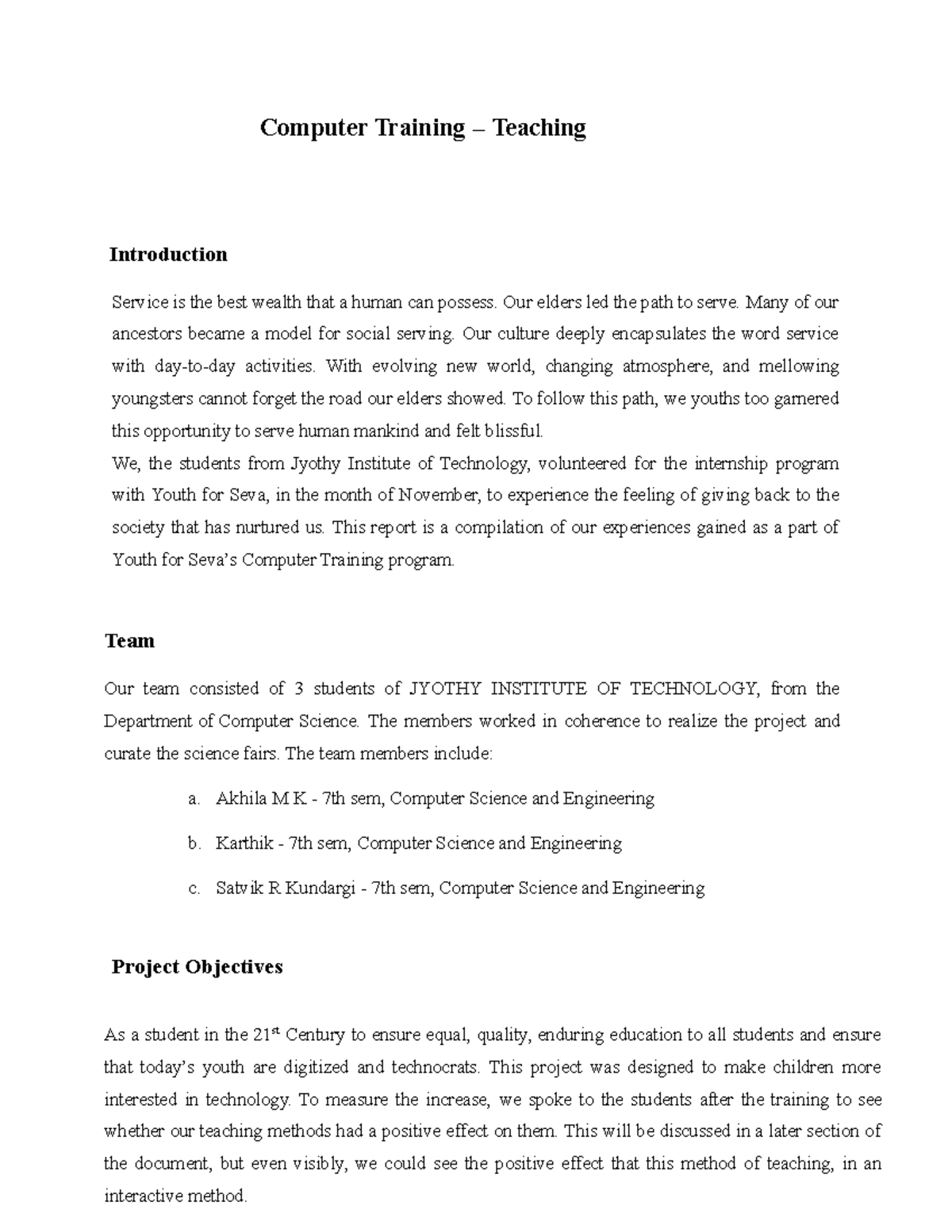 Computer Training report - Computer Training – Teaching Introduction ...