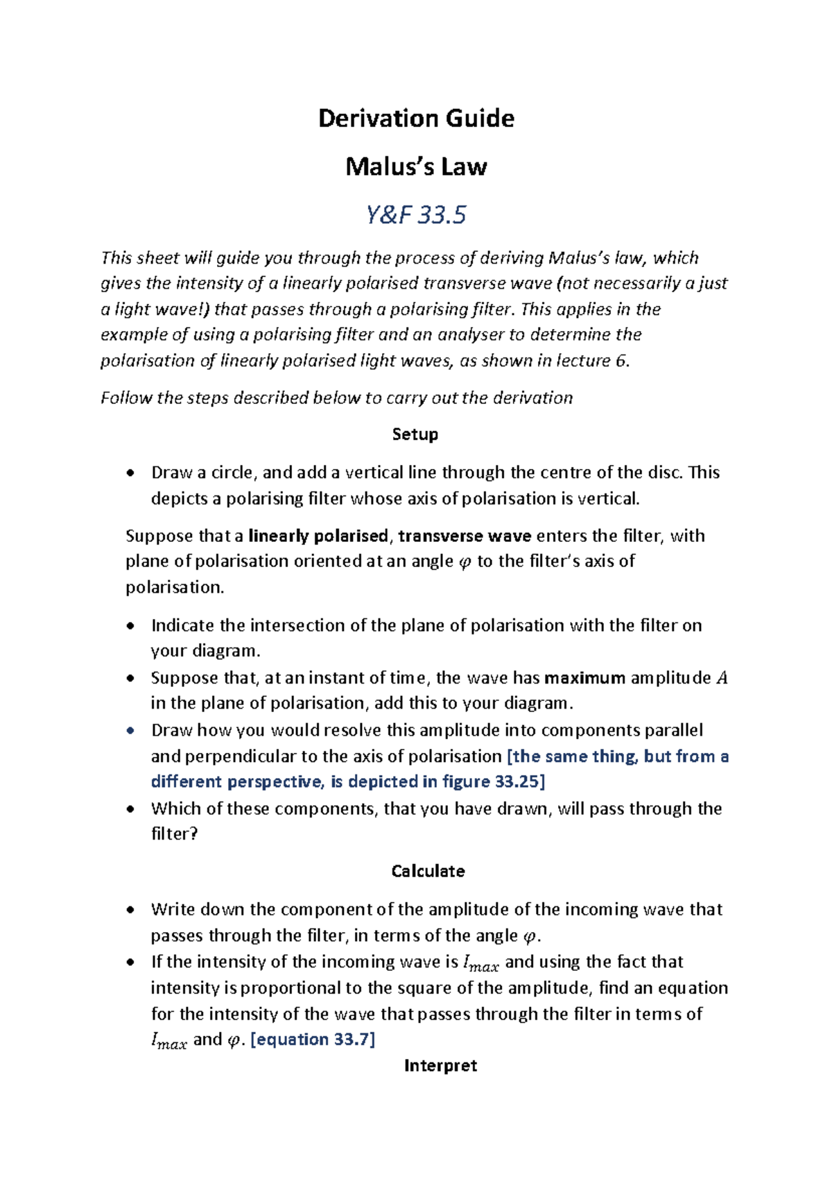 Malus' Law Derivation Guide - Law 33.5 - Studocu