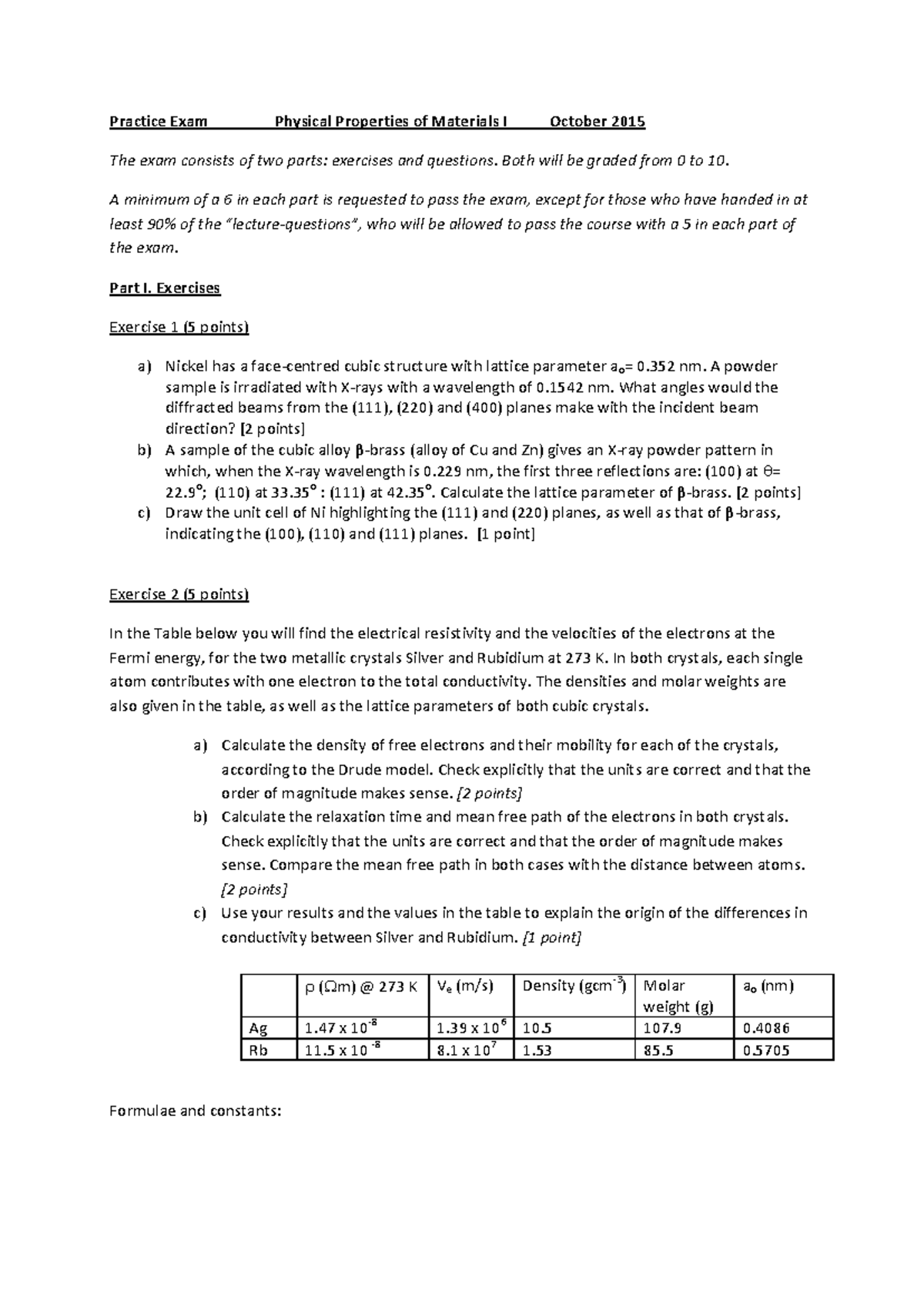 Practice Exam I: Physical Properties of Materials, October 2015 ...
