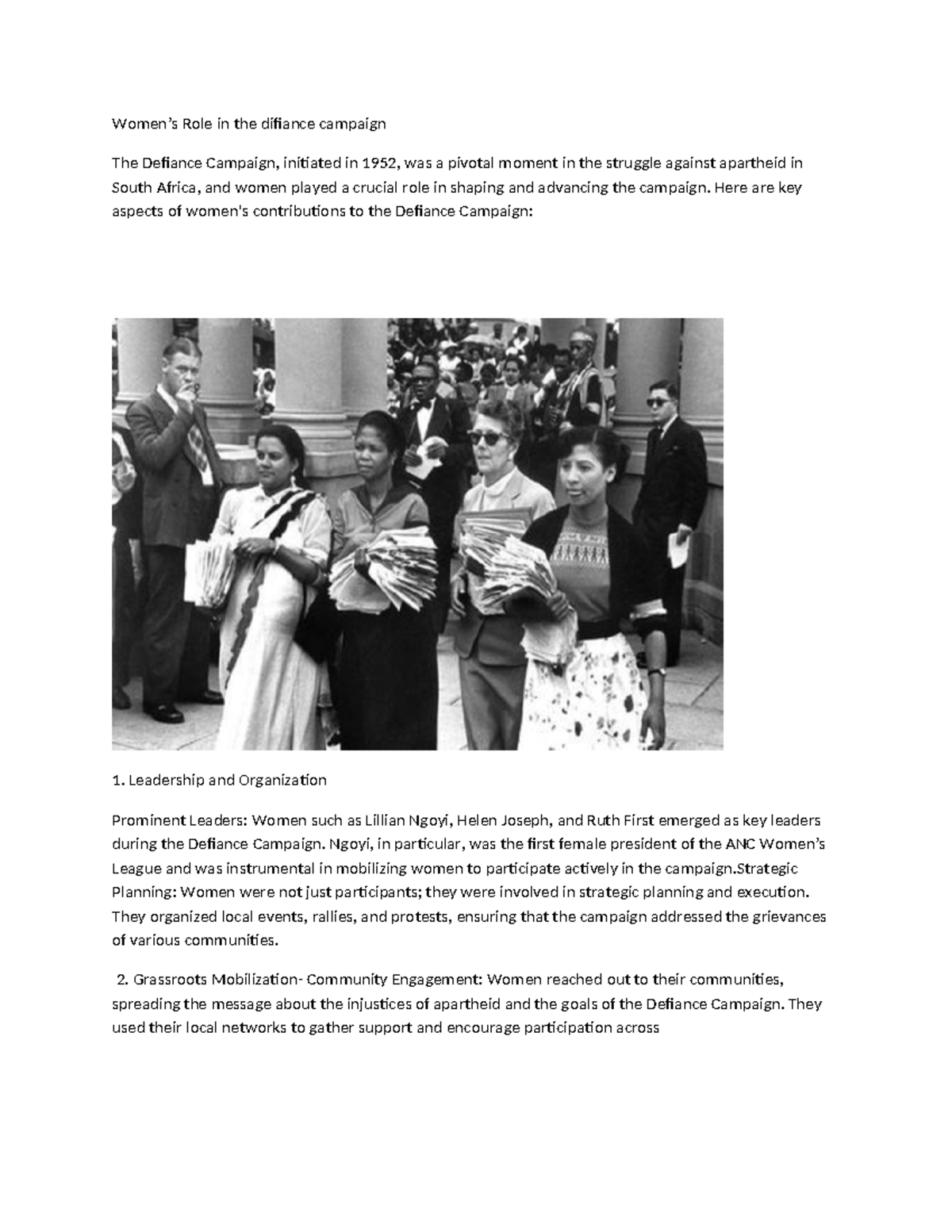 Women’s Role in the Defiance Campaign - WPS 1952 Overview - Studocu
