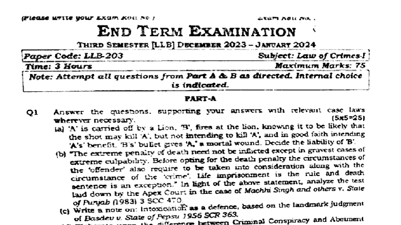 Llb 3 sem law of crimes 1 llb 203 jan 2024 - (Please write your exam Kon No arem Adu NO. END ...