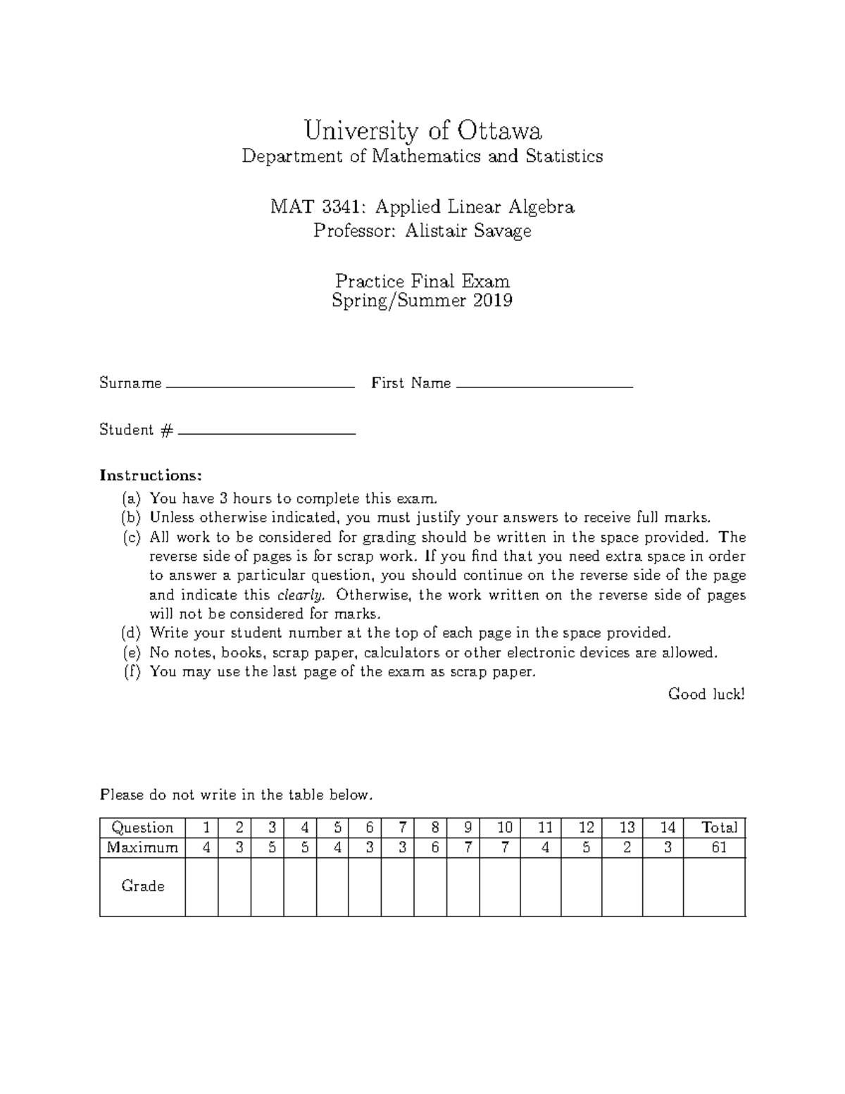 MAT 3341: 2019 Practice Final Exam - Applied Linear Algebra - Studocu