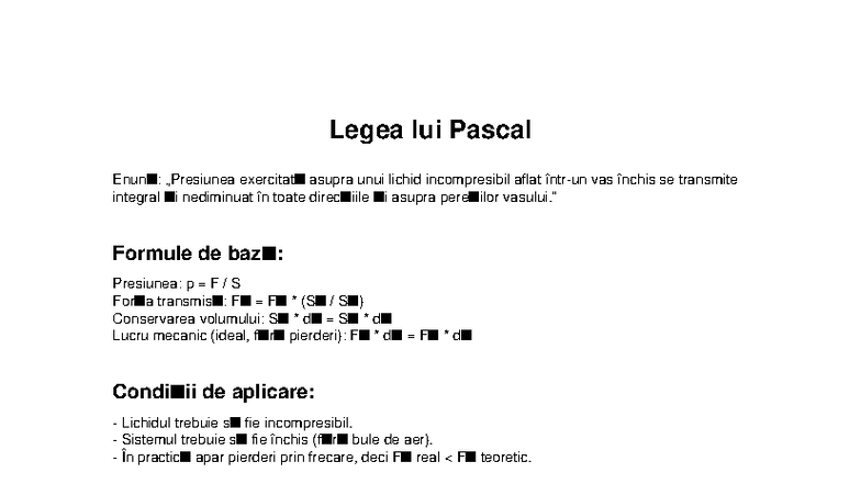Legea lui Pascal: Presiunea și Lucrul Mecanic în Lichide - Studocu