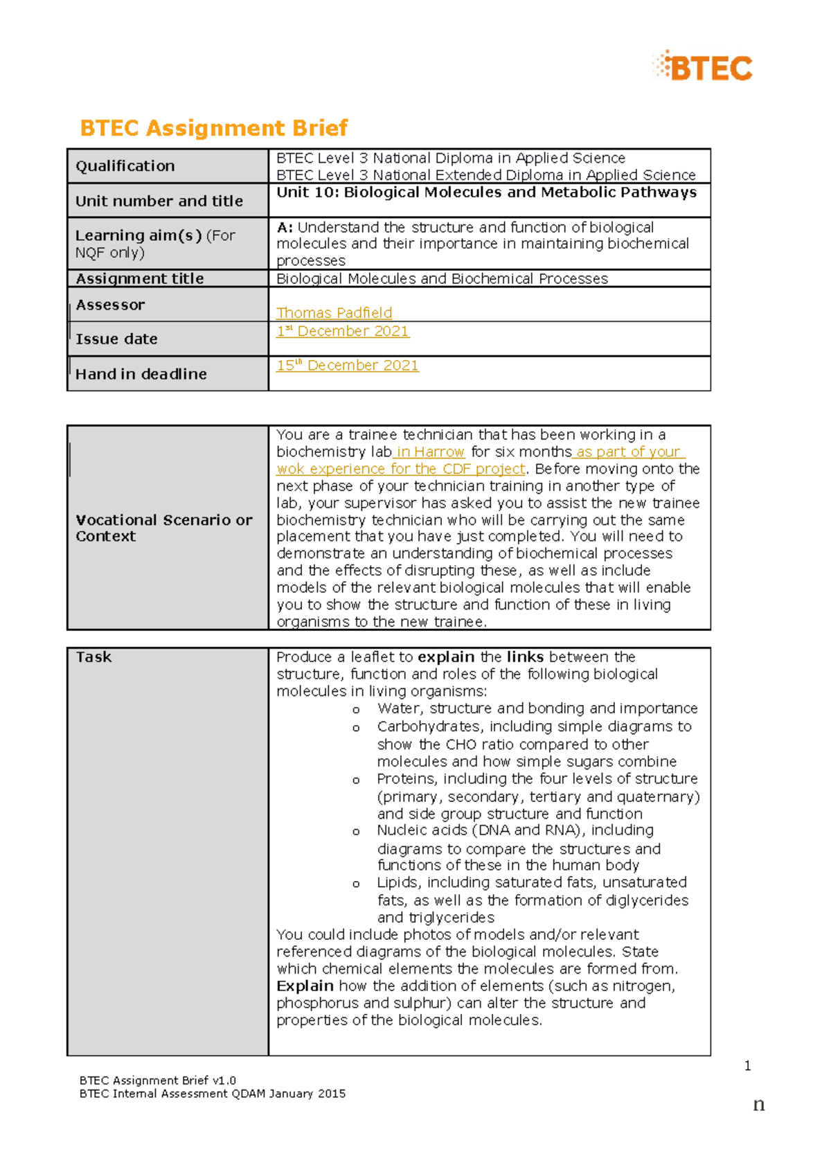 Unit 10 BTEC Assignment: Understanding Biological Molecules & Metabolic ...