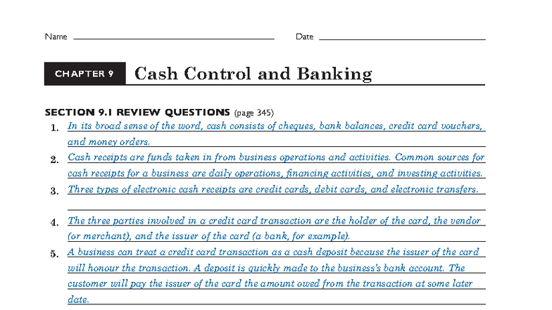 Accounting 1: Chapter 9 Cash Control & Banking Review Questions and ...