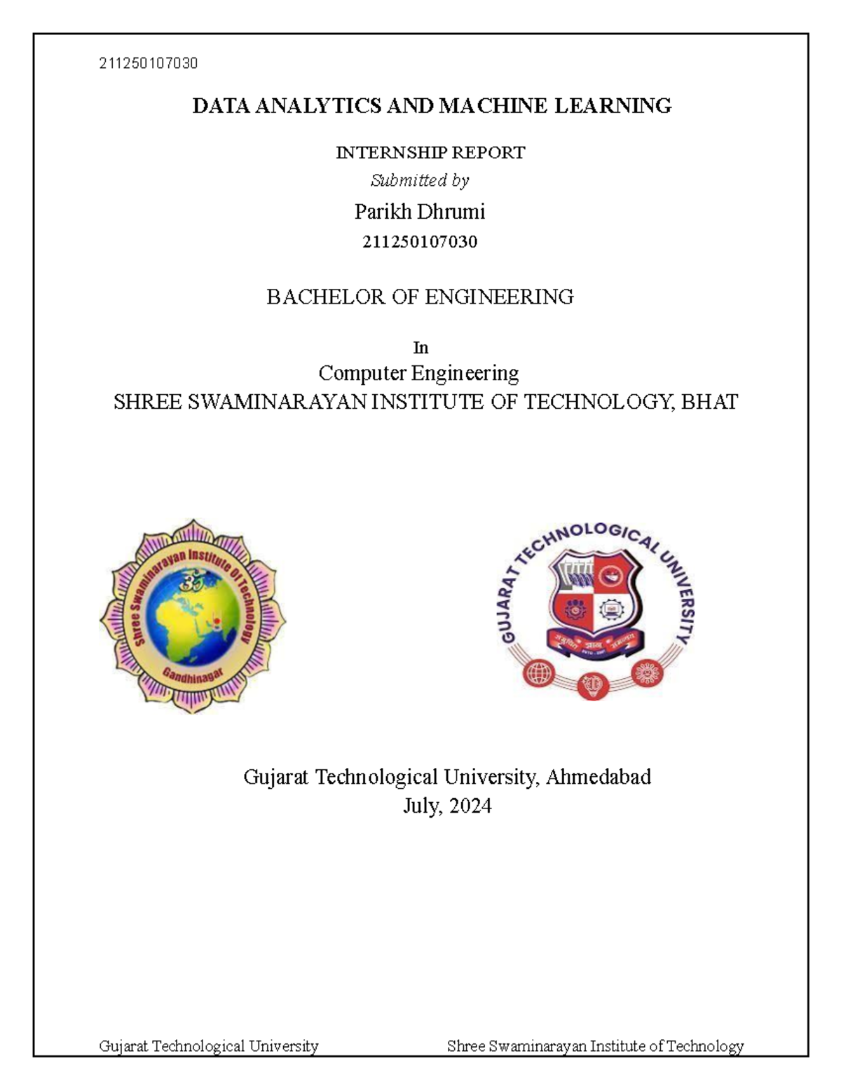 211250107030 Data Analytics & Machine Learning Internship Report - Studocu