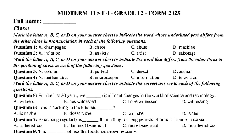 MIDTERM TEST 4 GRADE 12 FORM 2025 - Listening & Vocabulary - Studocu