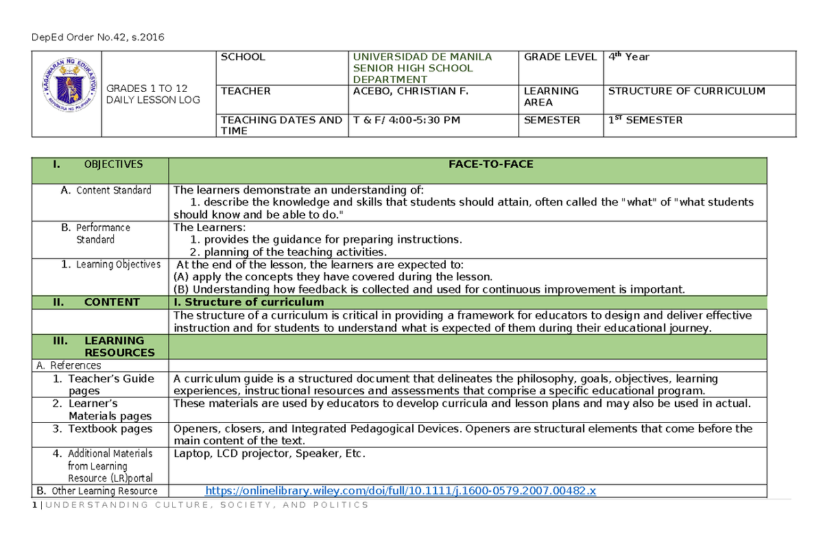 Acebo-Christian - Lesson plan - DepEd Order No, s. GRADES 1 TO 12 DAILY ...