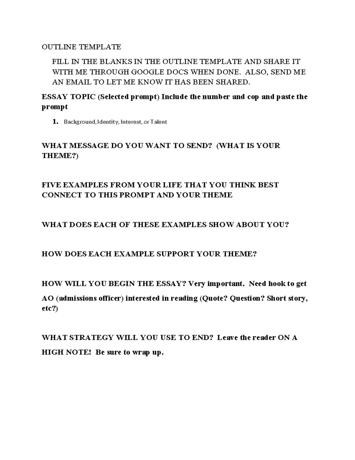 Outline Template - OUTLINE TEMPLATE FILL IN THE BLANKS IN THE OUTLINE ...