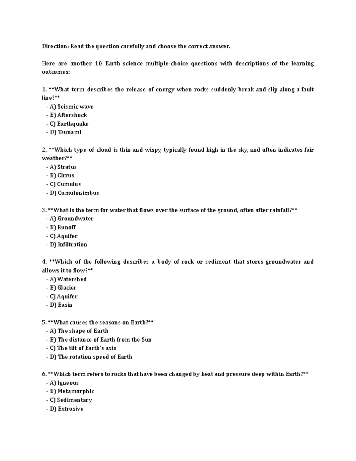 EE32 - Earth Science Quiz: Key Concepts and Learning Outcomes - Studocu