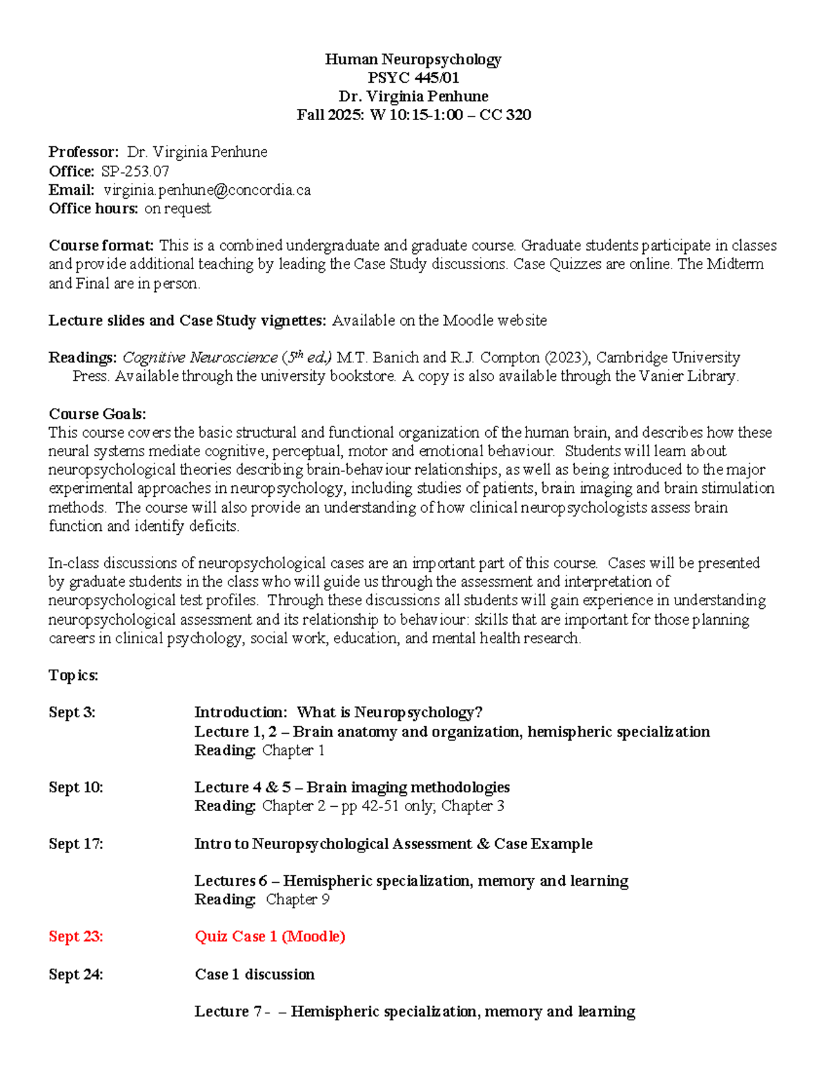 Human Neuropsychology PSYC 445 Syllabus: Fall 2025 Course Outline - Studocu