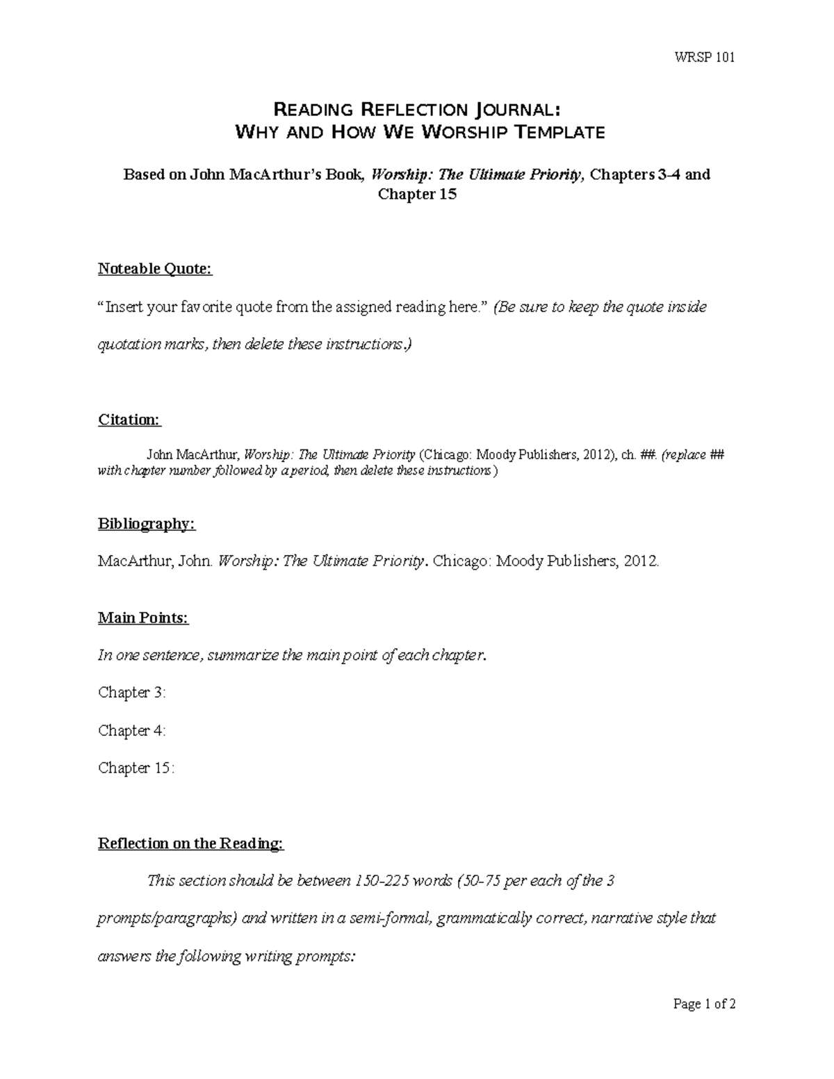 WRSP 101 Reading Reflection Journal: Why and How We Worship Template ...