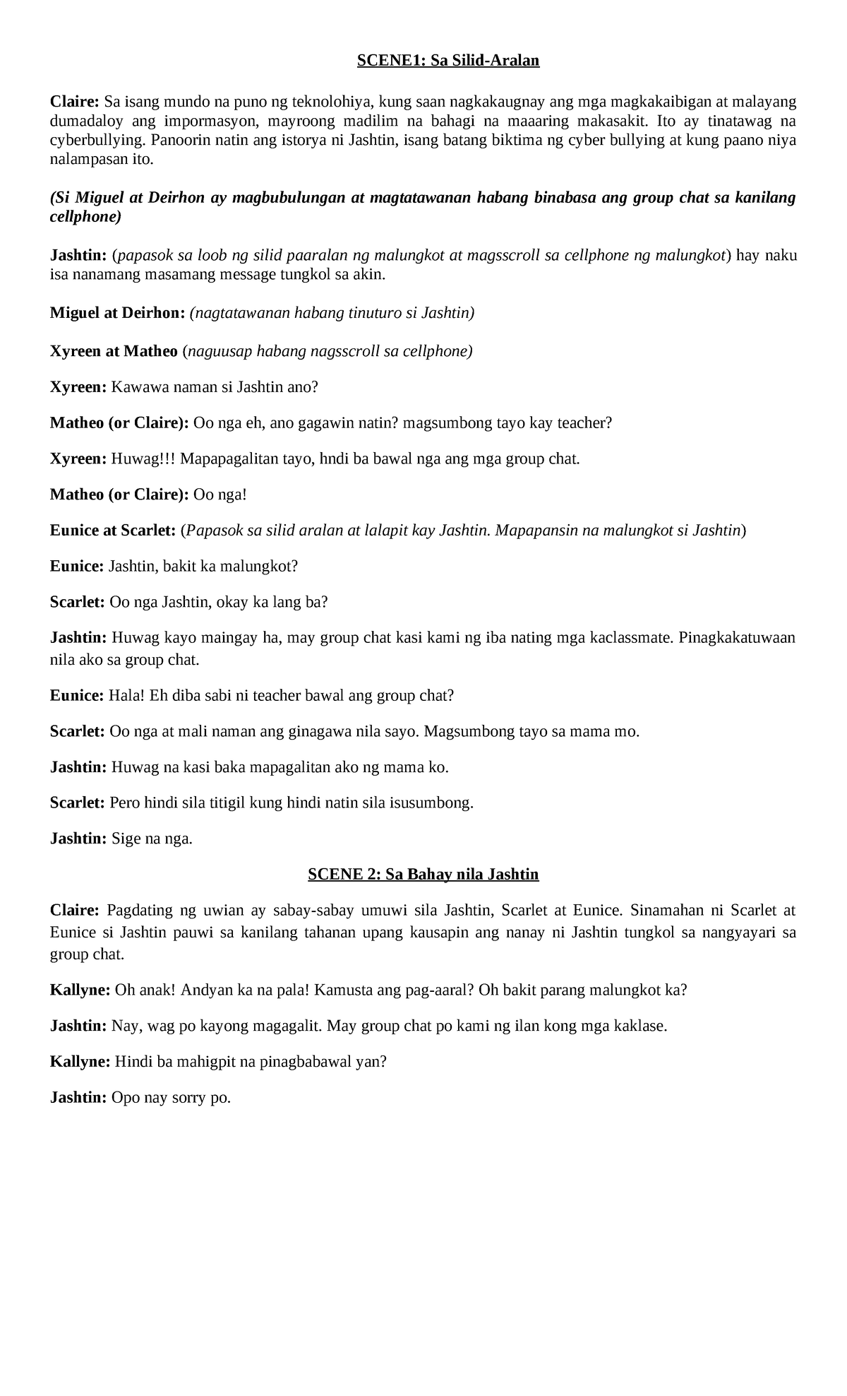 802090664 Role Play Script on Cyberbullying Issues: A Classroom Scene ...