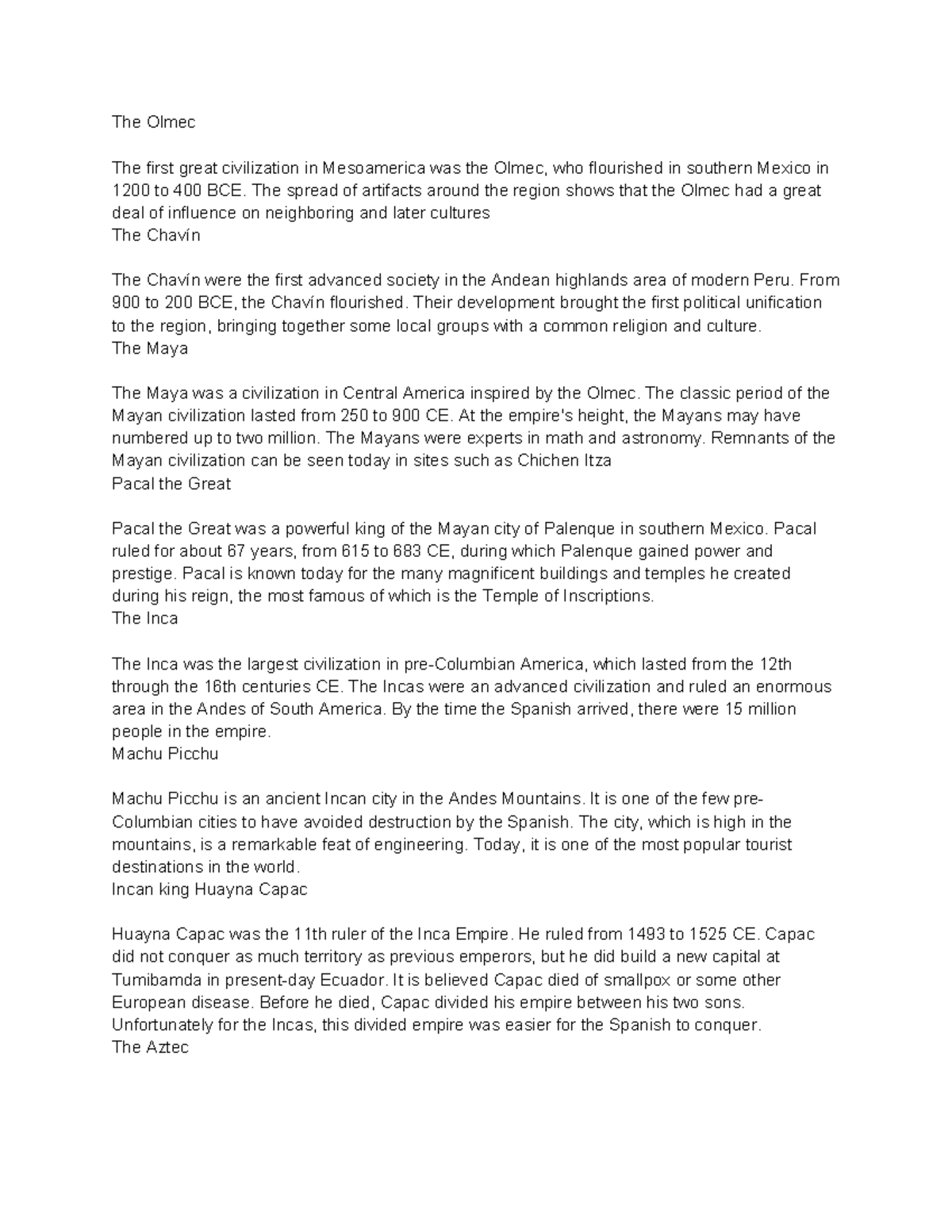 Civilizations of Mesoamerica & the Andes Overview (HIST101) - Studocu