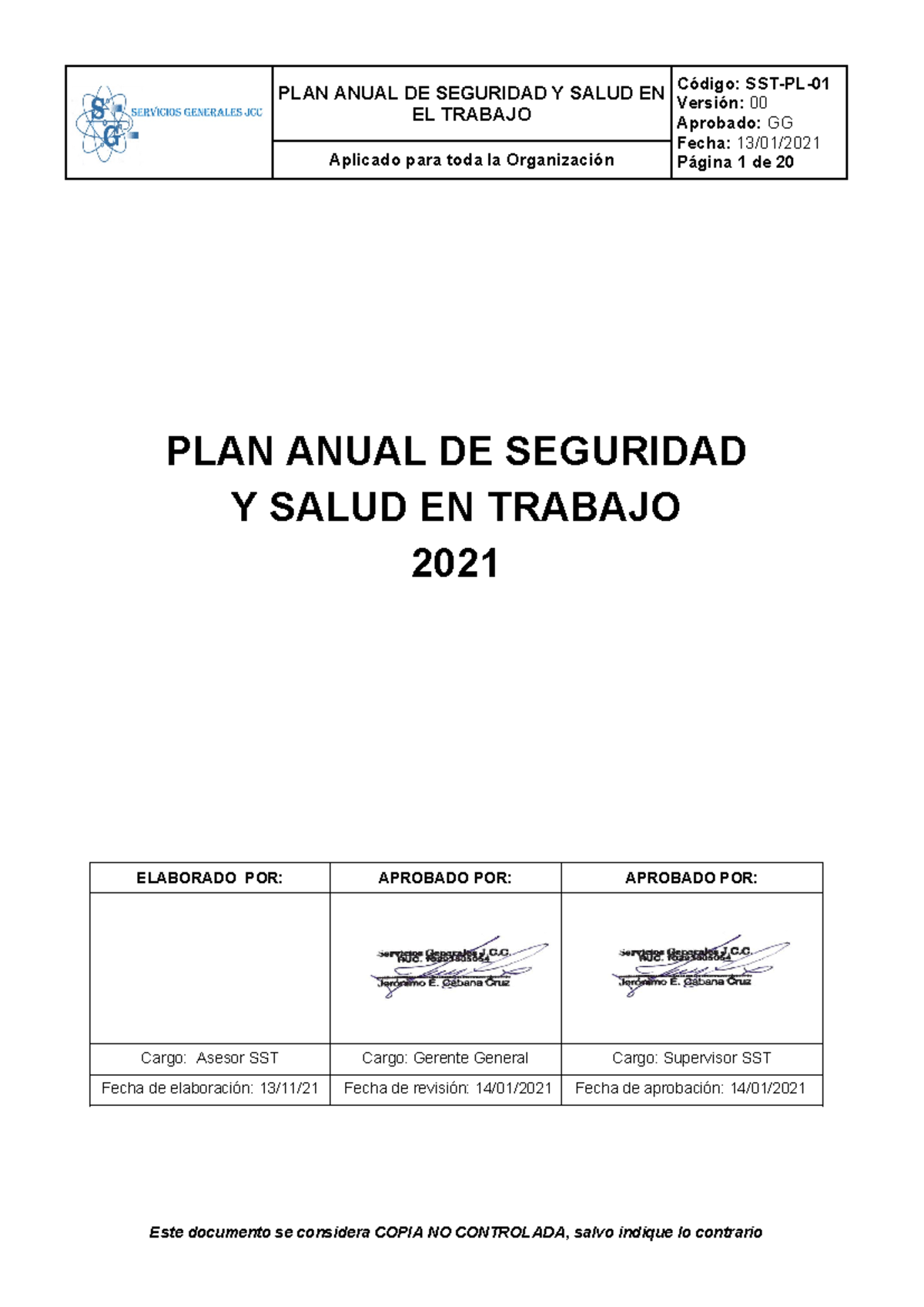 Plan Anual de Seguridad y Salud en el Trabajo - PLAN ANUAL DE SEGURIDAD Y SALUD EN EL TRABAJO ...