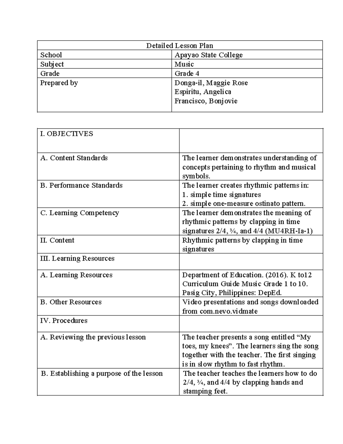 Detailed Lesson Plan Music Final-1 - Detailed Lesson Plan School Apayao ...