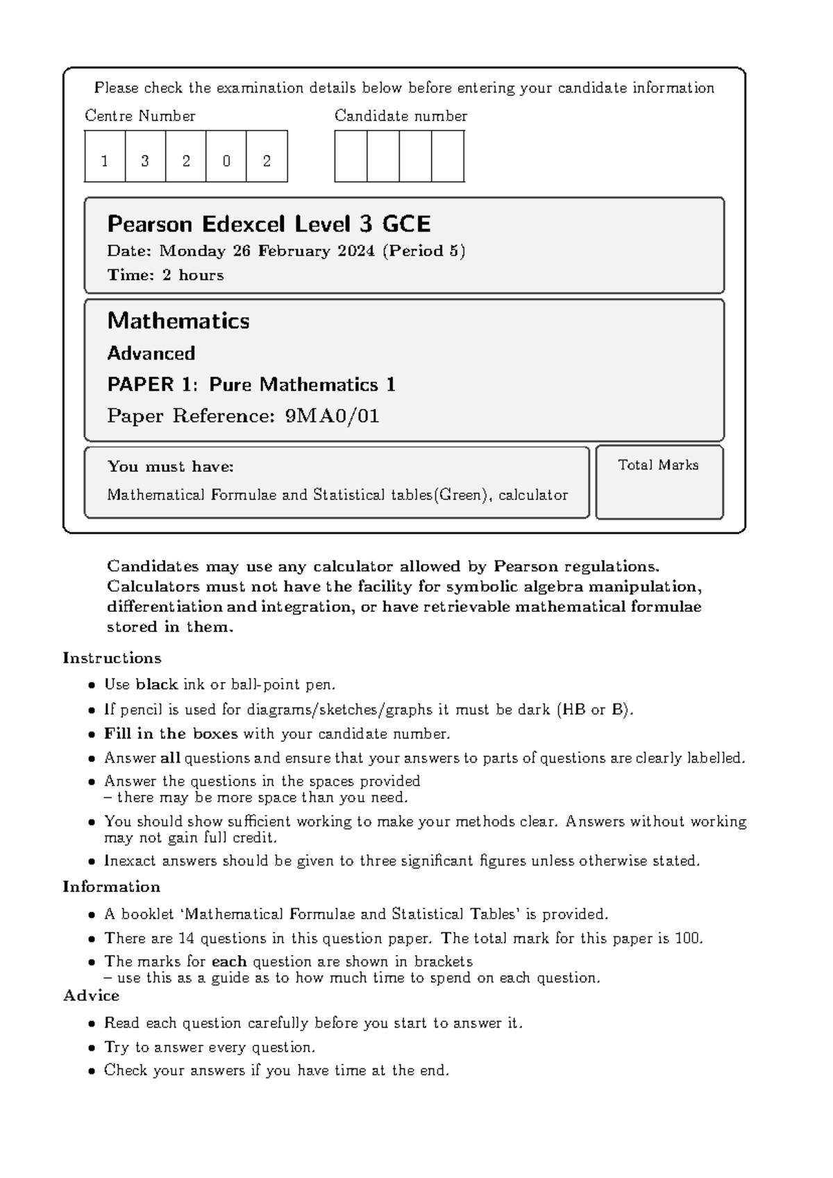 A2 Mathematics Advanced - Brampton Mock Exam Paper 1 (2024) - Studocu