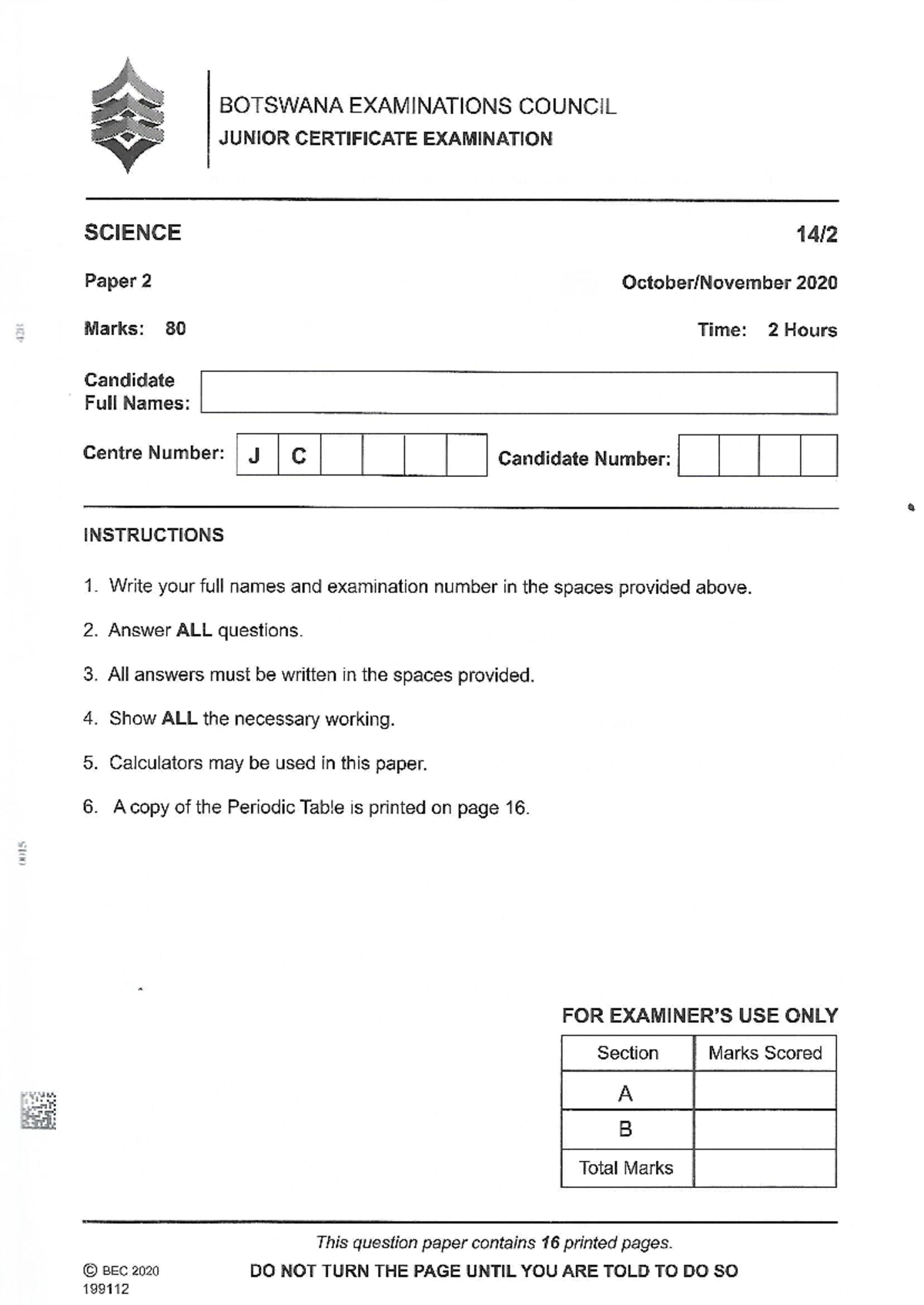 JCE 2020 Science Exam Paper 2 - Botswana Examinations Council - Studocu