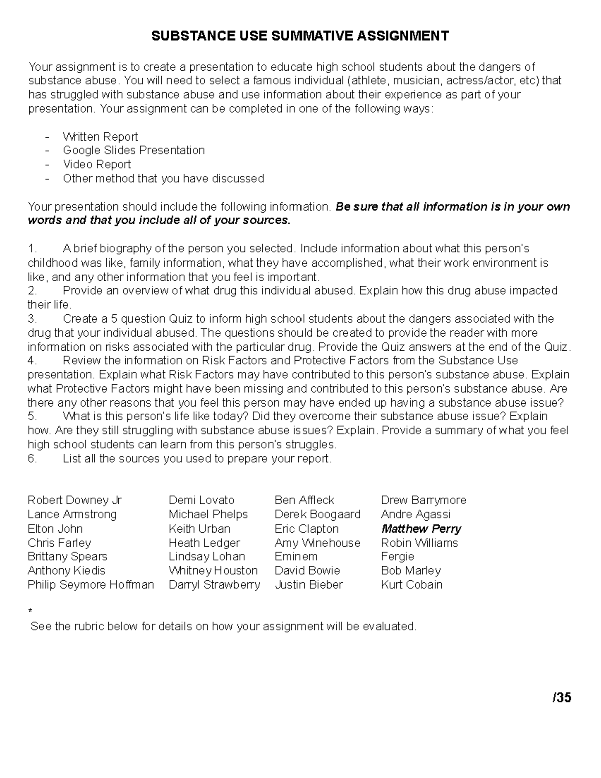 2020 - Substance Use Education Presentation Assignment (Summative ...