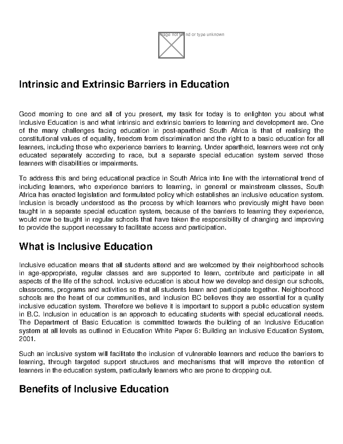 Intrinsic and Extrinsic Barriers to Inclusive Education in SA - Studocu