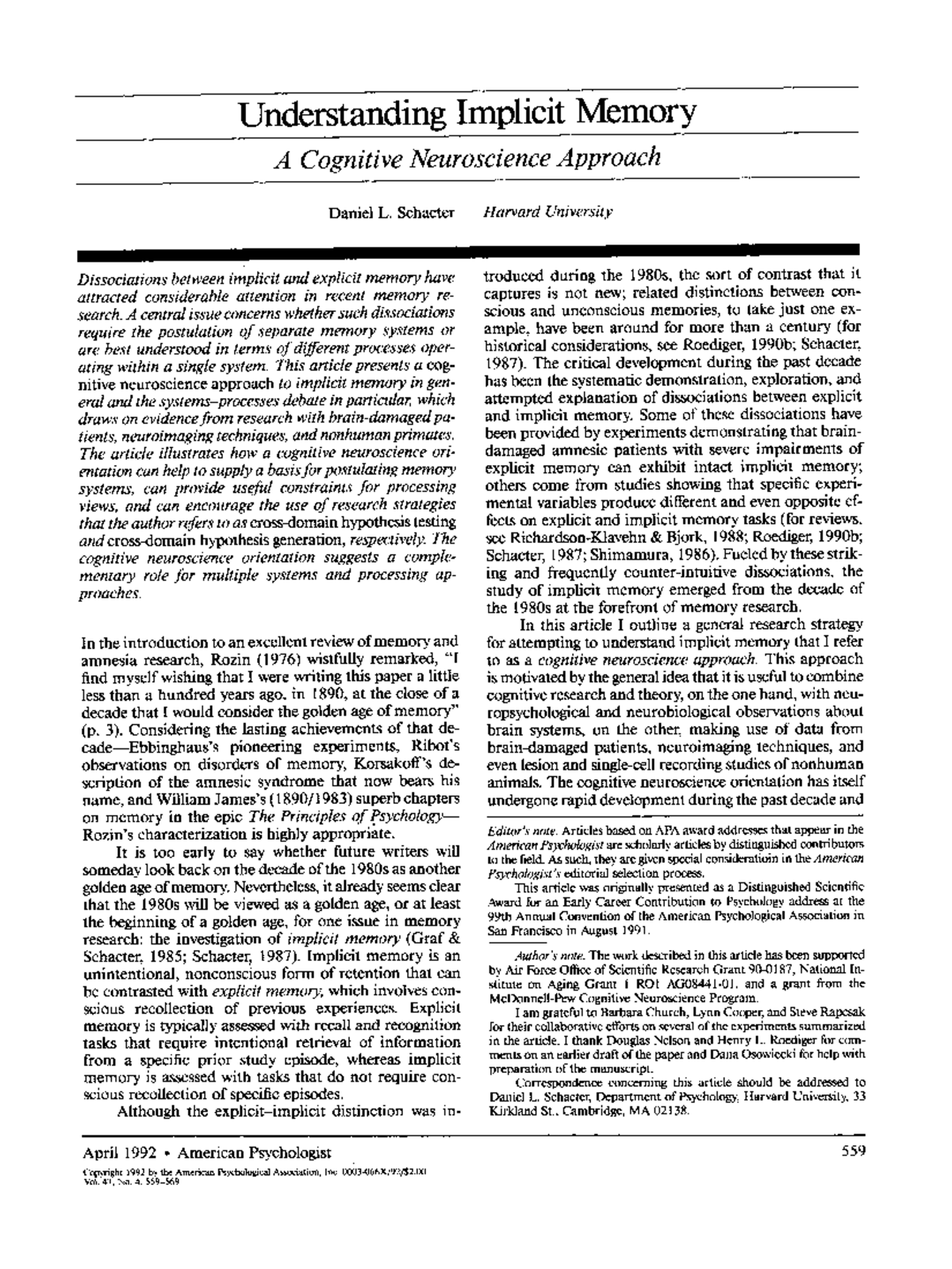 Cognitive Neuroscience Insights on Implicit Memory: A Study by Schacter ...