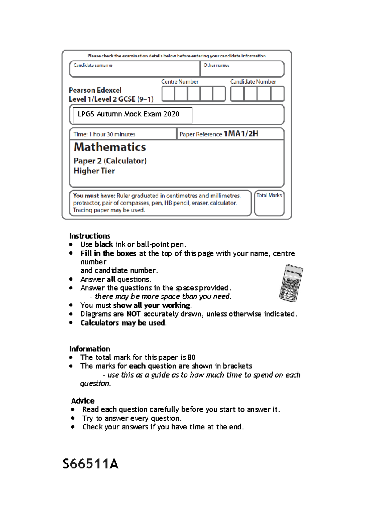 5a 1MA1 2H Mock Exam Set 5 - Maths Practice Questions - Studocu