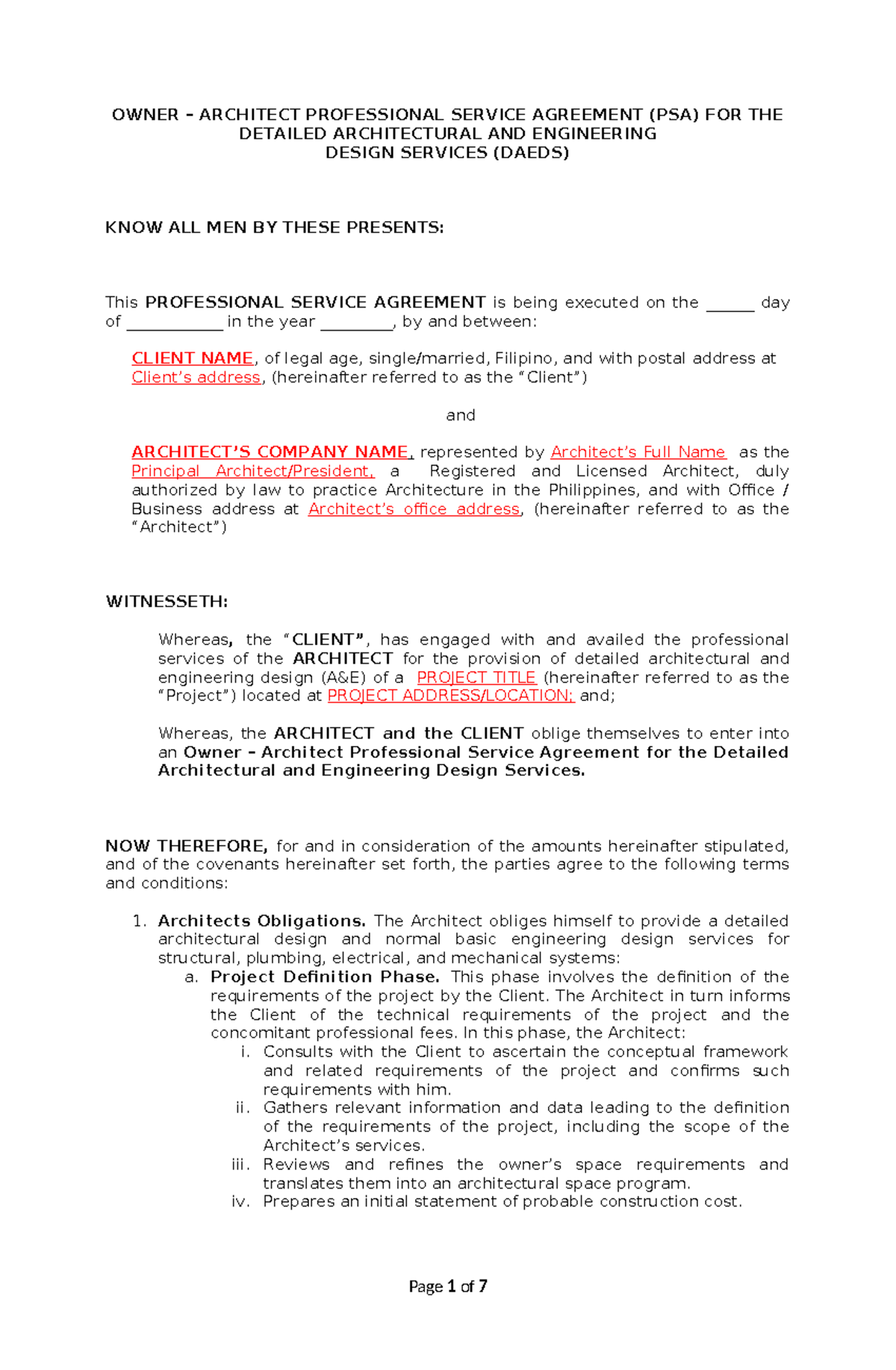 DAEDS UAP Template: Owner-Architect PSA for Detailed Design Services ...