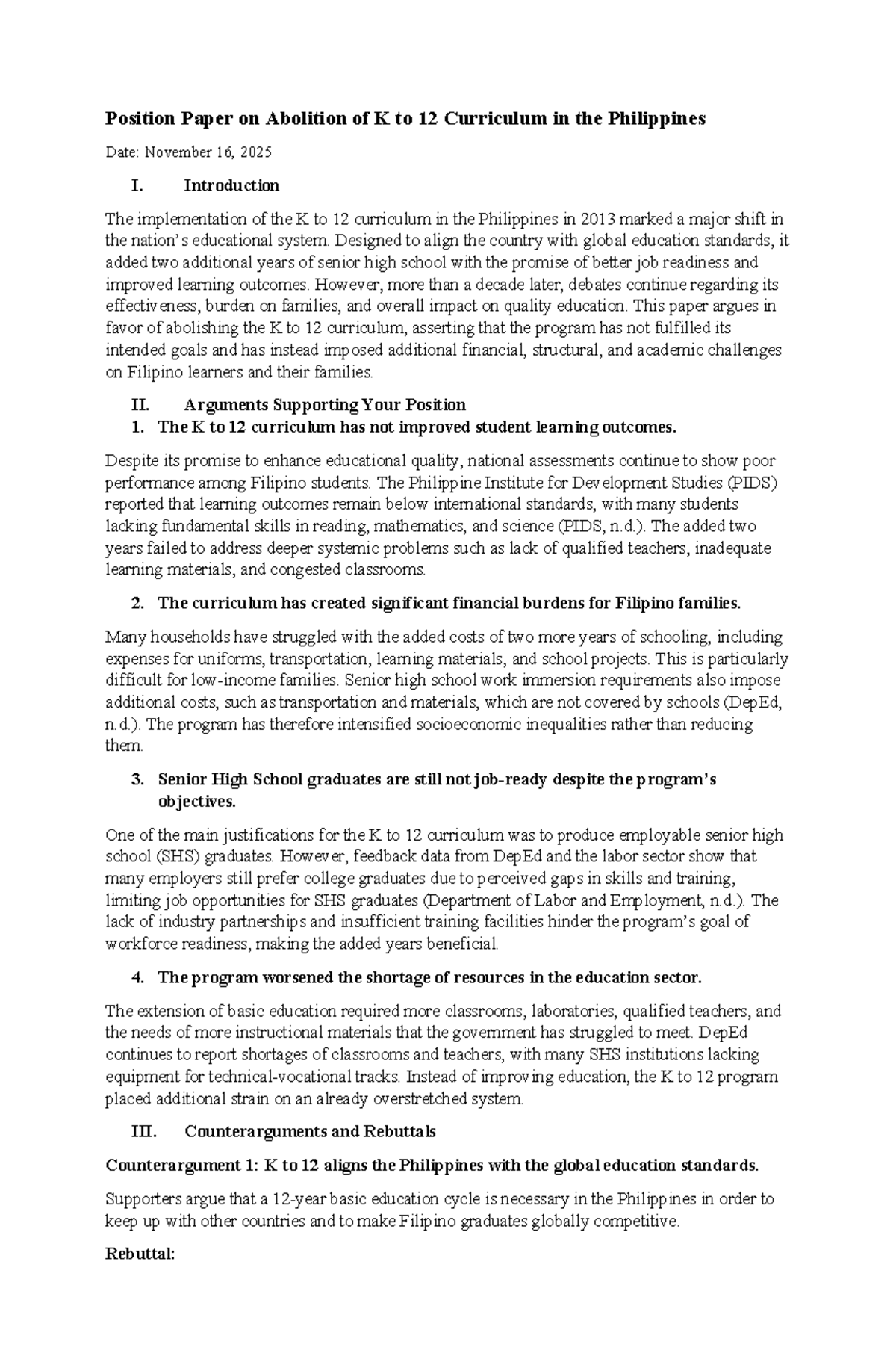 Position Paper: Abolishing K to 12 Curriculum in the Philippines - Studocu