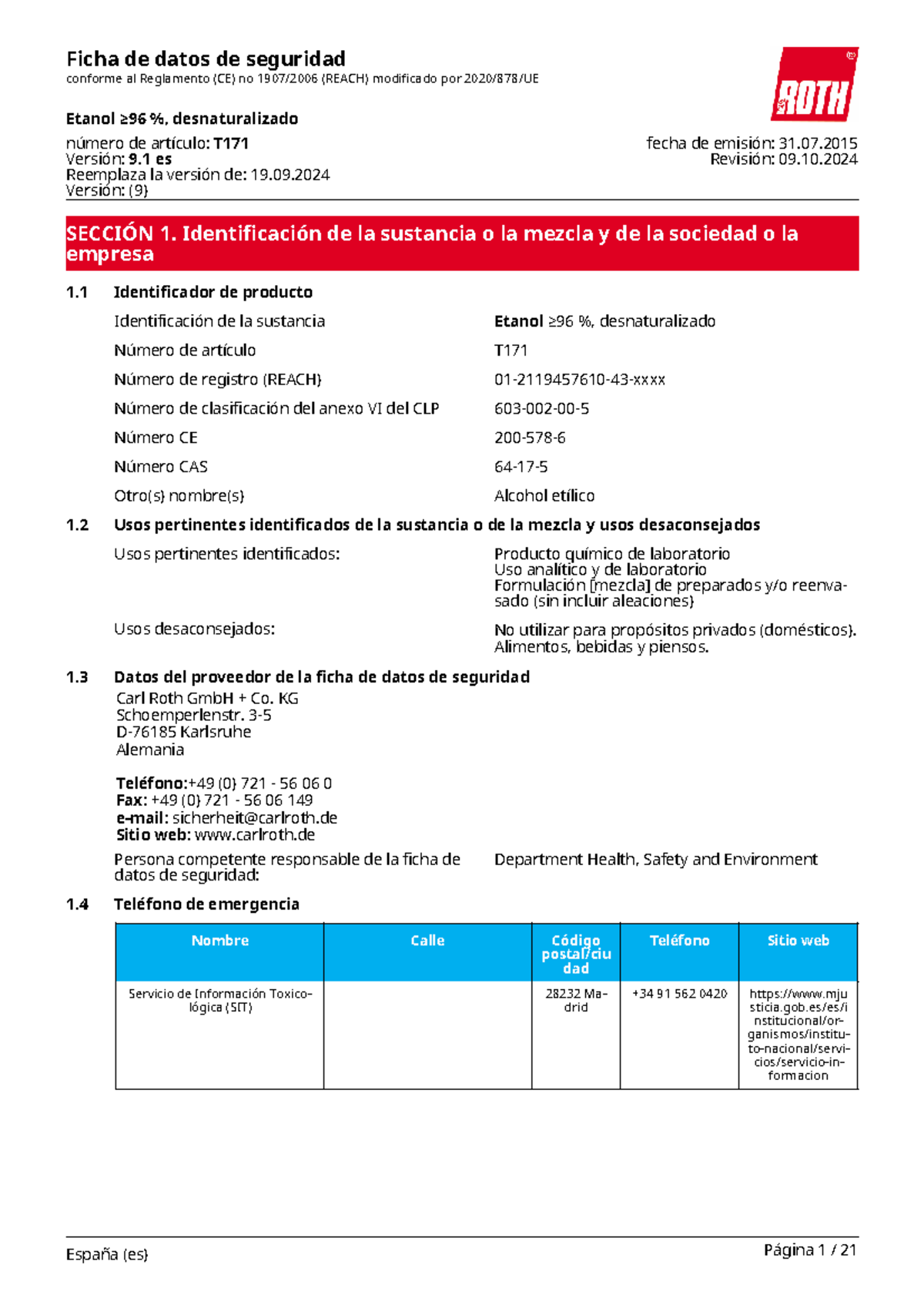 Ficha de Datos de Seguridad (SDB) de Etanol Desnaturalizado T171 - Studocu