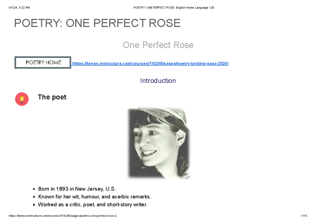 Poetry Analysis: One Perfect Rose (ENG HL 12E) Study Guide - Studocu