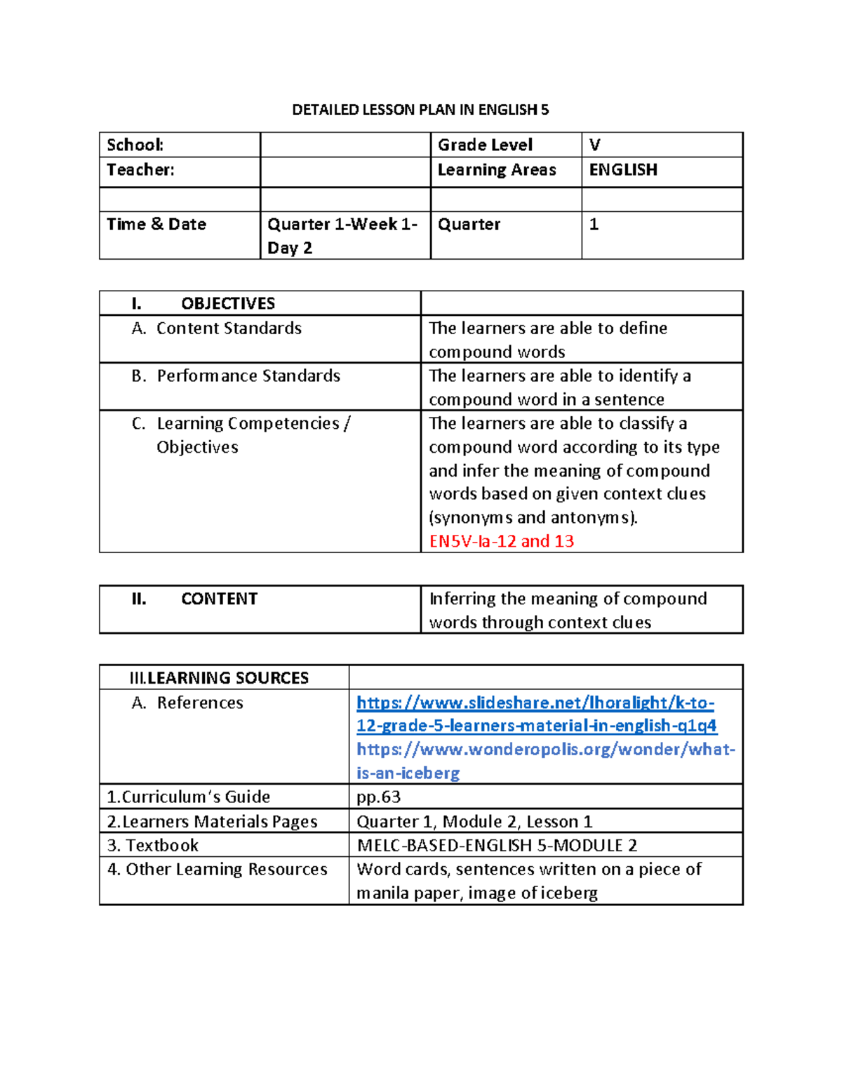Detailed Lesson Plan on Compound Words for ENGLISH 5 - Quarter 1 - Studocu
