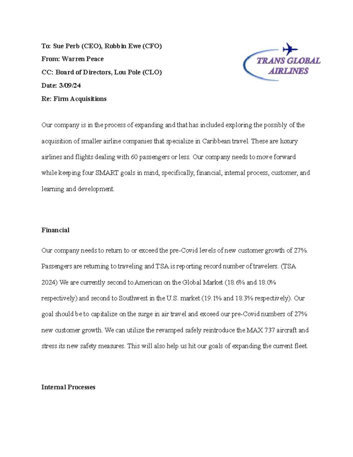 2-2 Memo - Memo - To: Sue Perb (CEO), Robbin Ewe (CFO) From: Warren ...