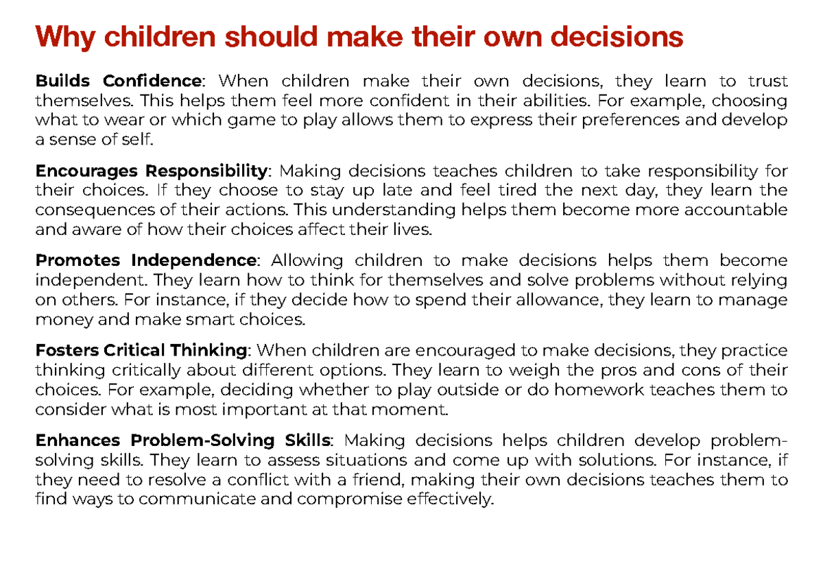 07. The Importance of Children Making Their Own Decisions - Studocu