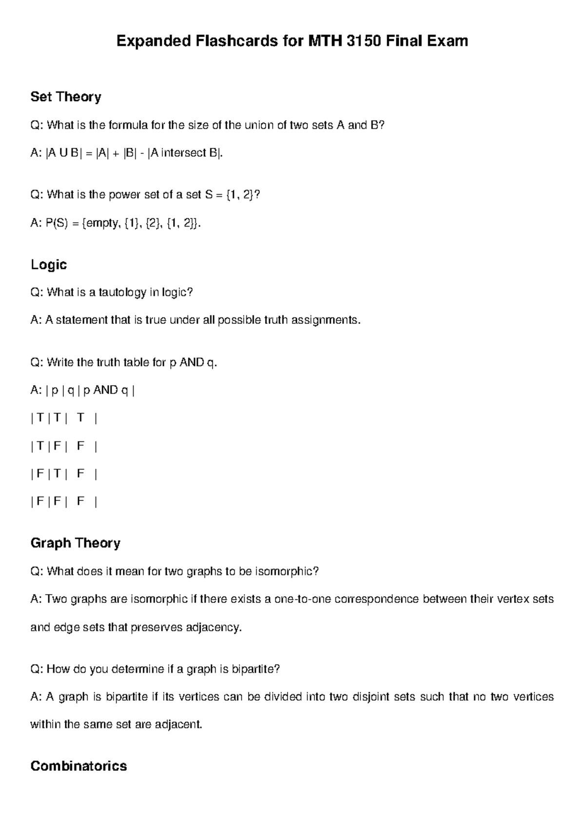MTH 3150 Expanded Flashcards - Expanded Flashcards for MTH 3150 Final Exam Set Theory Q: What is ...