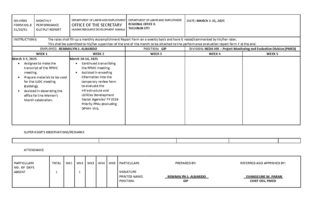 Monthly Performance Output Report - Accomplishment Report for GIP - Studocu