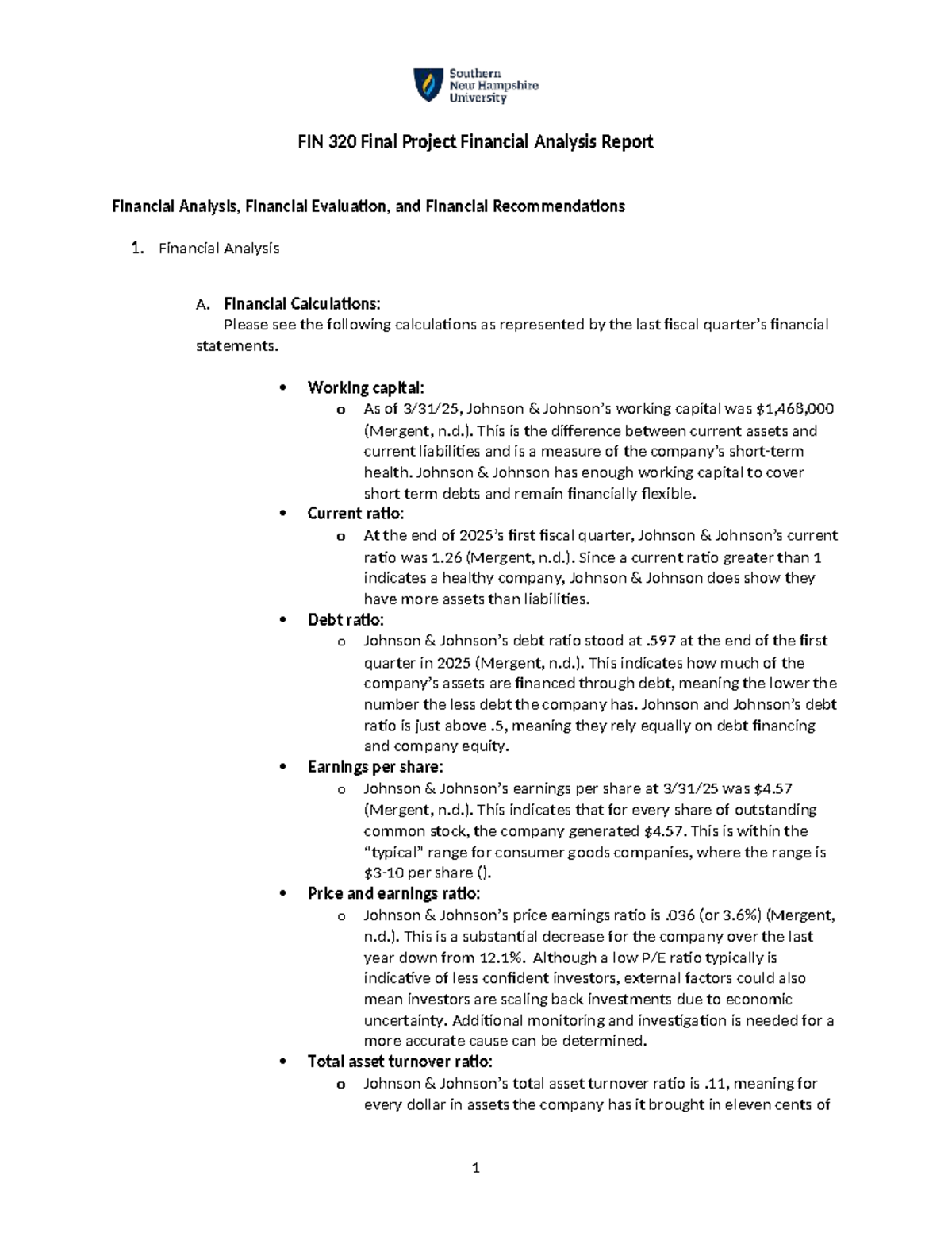 FIN 320 Final Project: Comprehensive Financial Analysis Report - Studocu