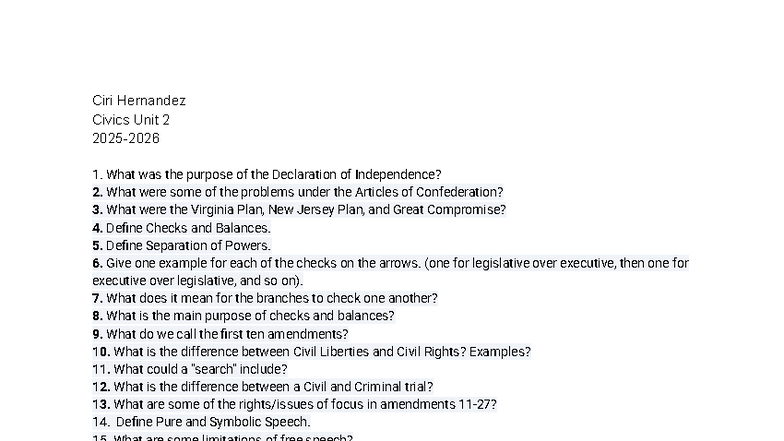 Civics Unit 2: Key Concepts & Questions for 2025-2026 Exam - Studocu