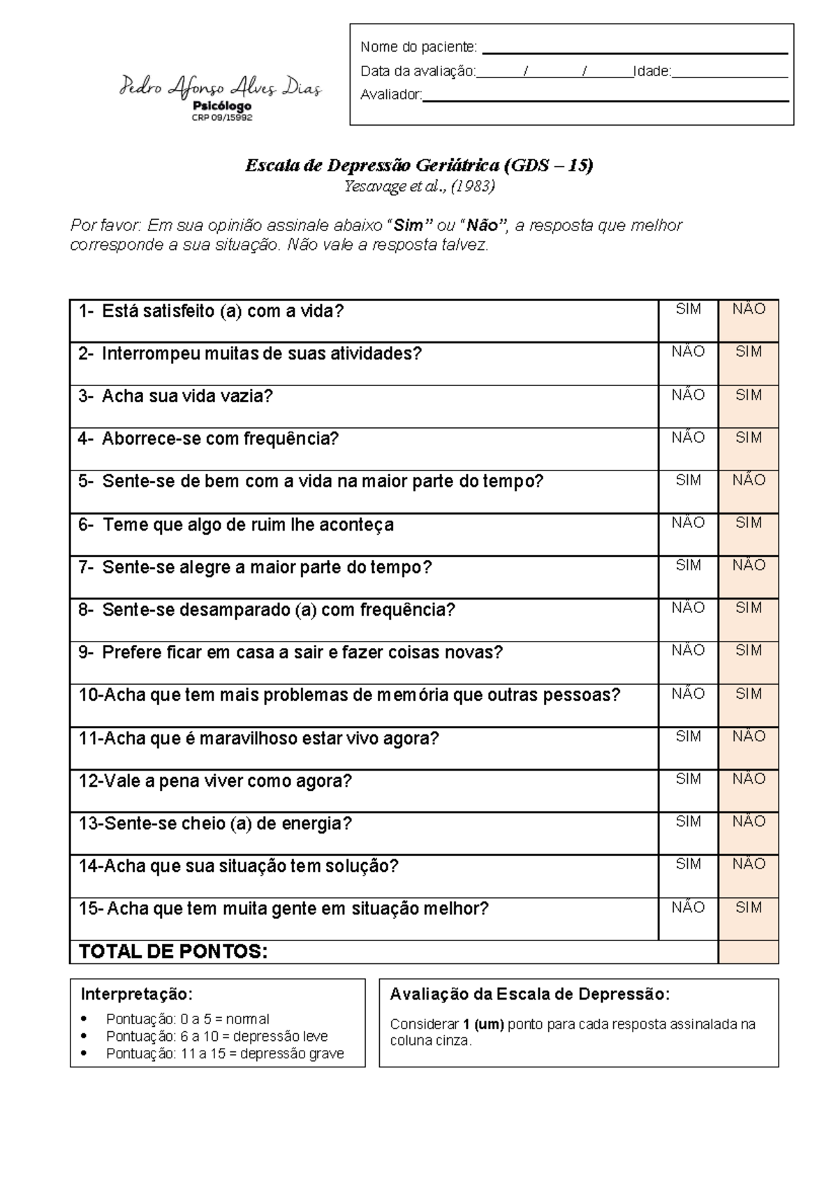 Escala de Depressão Geriátrica (GDS – 15) e Interpretação de Resultados ...