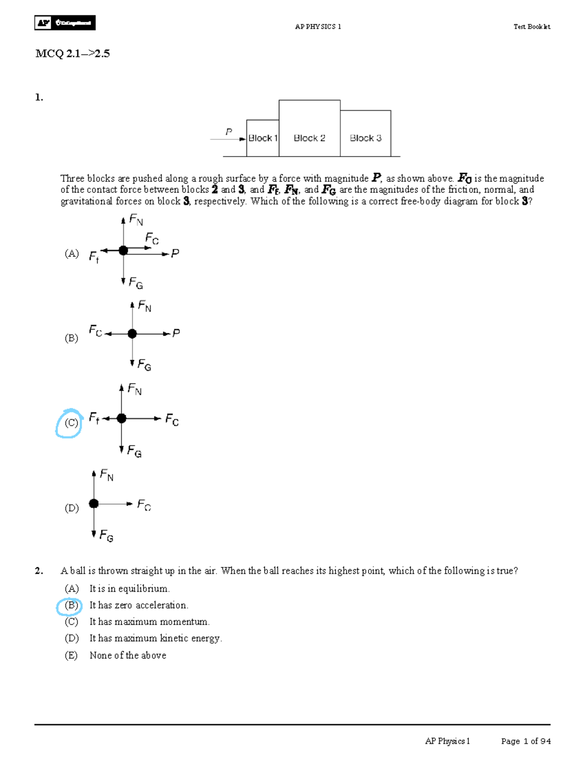 AP PHYSICS 1 Test Booklet MCQ 1 - Comprehensive Review - Studocu