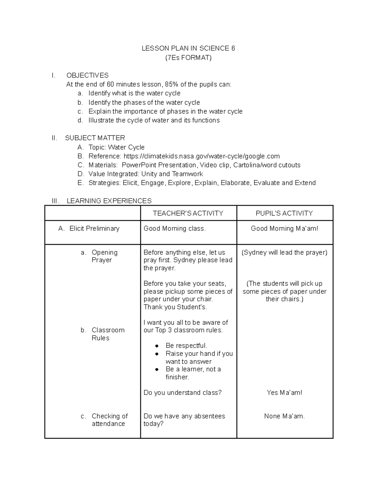 7E's Lesson Plan on Water Cycle for Science 6 - Studocu