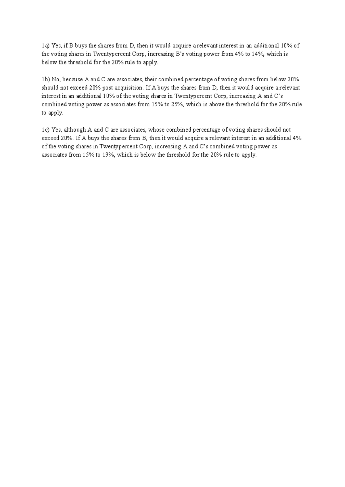 Q1: Take Home Question on Voting Shares in Twentypercent Corp - Studocu